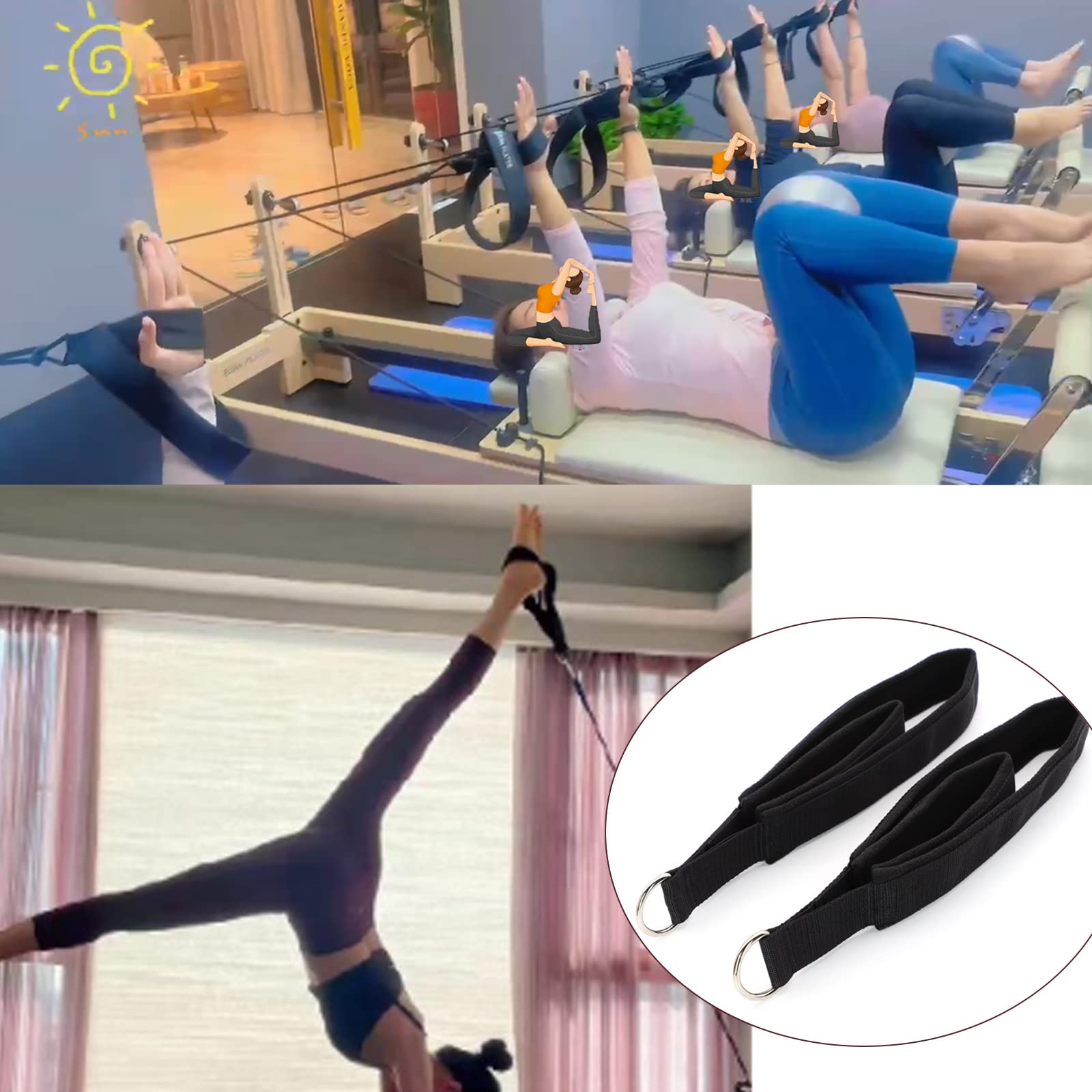 Joyangy 1 Pair Cotton Double Loop Pilates Strap for Reformer Fitness Equipment, Yoga Gym Double Loop Handle Straps with D Ring, Yoga Exercise Accessories for Home Gym Strengh Training