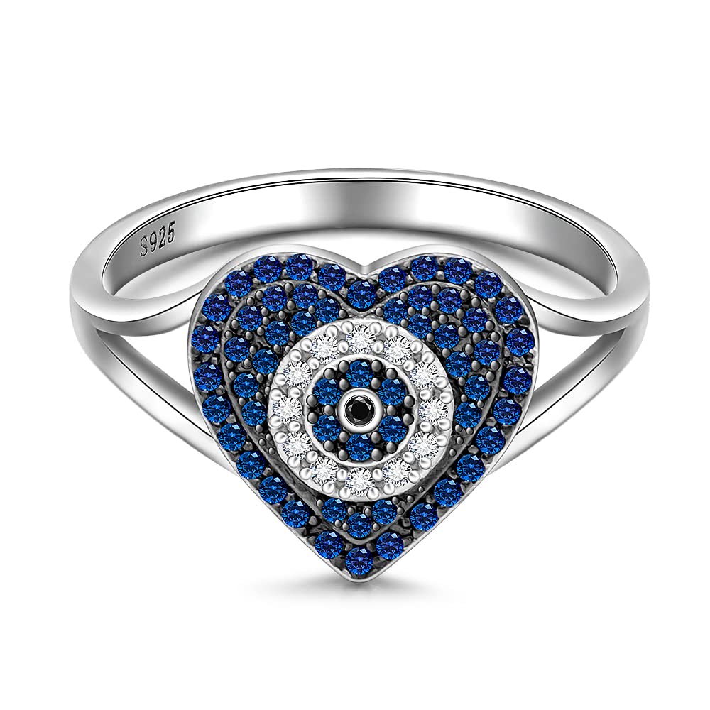 LOVGIFSET Evil Eye Ring Sterling Silver Turkish Evil Eye Rings for Women Blue Eyes Sapphire Protection Mal De Ojo Nazar Jewelry Size 7