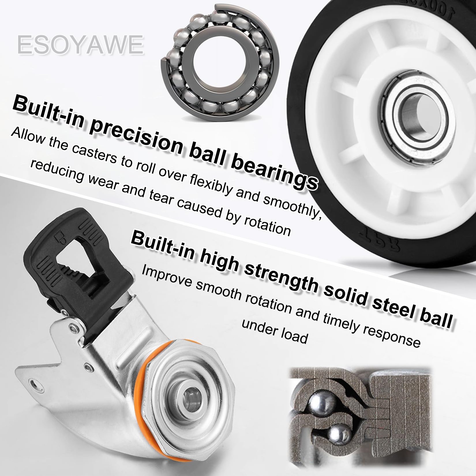 Heavy Duty TPE Rubber Swivel Caster Wheel 4 Pcs, Ø 3in 4in 5in Silent Furniture Replacement Casters, Suitable for M12 Type Bolts Top Hole Type Caster Wheels with Brakes