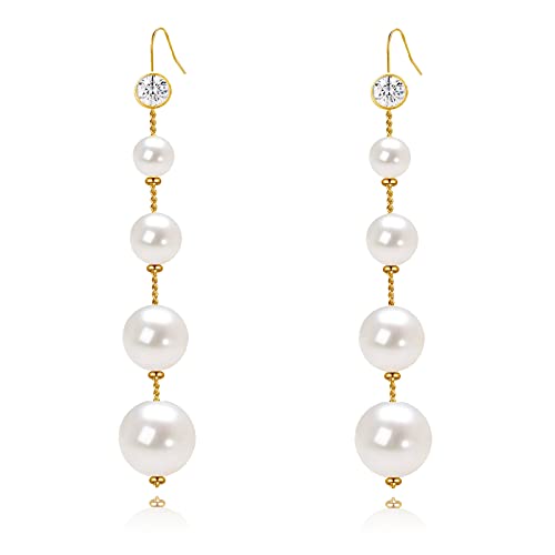 Long Pearl Earrings for Women 14K Gold Plated Pearl Dangle Earrings Hypoallergenic Elegant Gold Pearl Tassel Earring