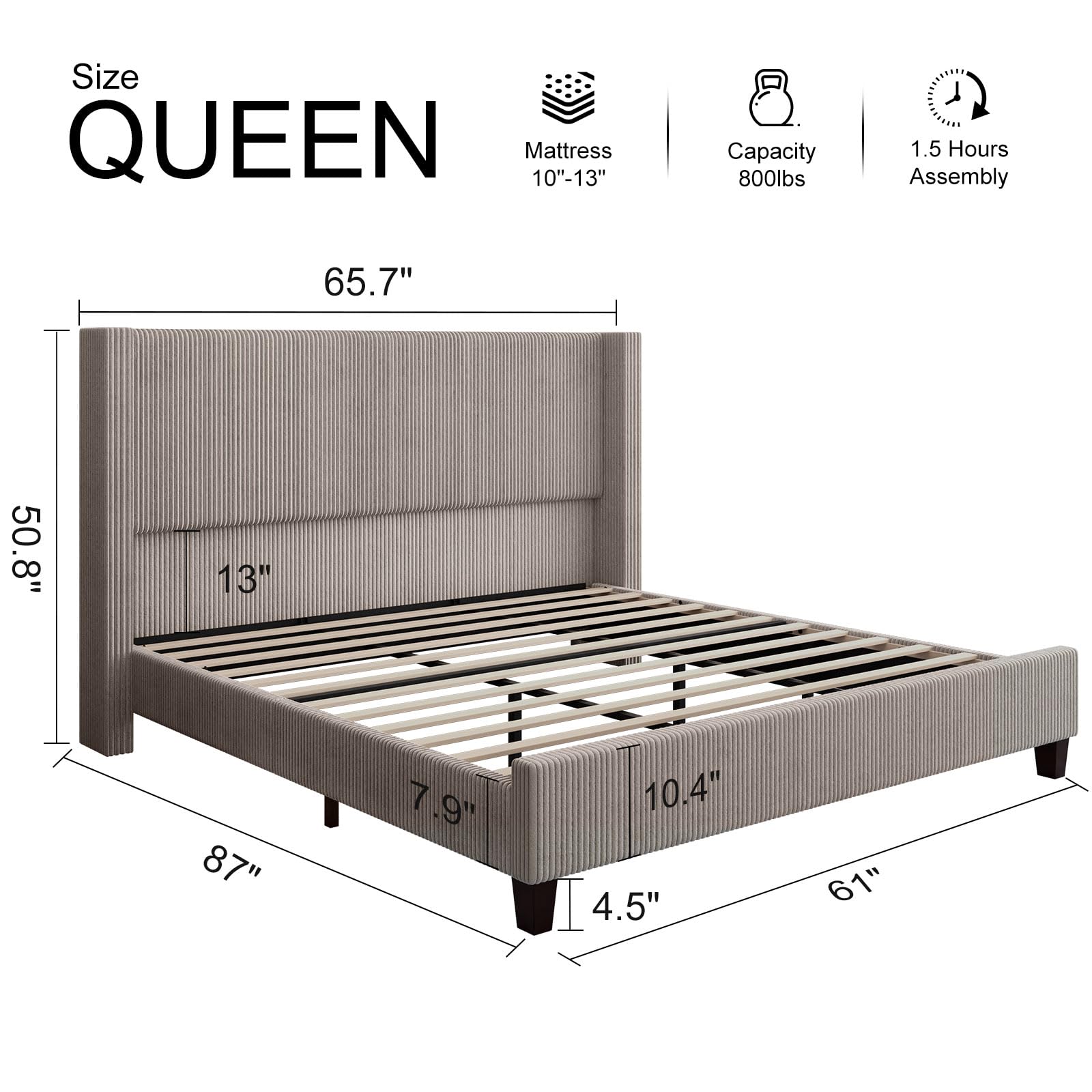 HOWE Queen Size Upholstered Platform Bed Frame, Wingback Bed with 50.8" Headboard, Corduroy/Solid Wood Leg/No Box Spring Needed/Noise Free/Taupe