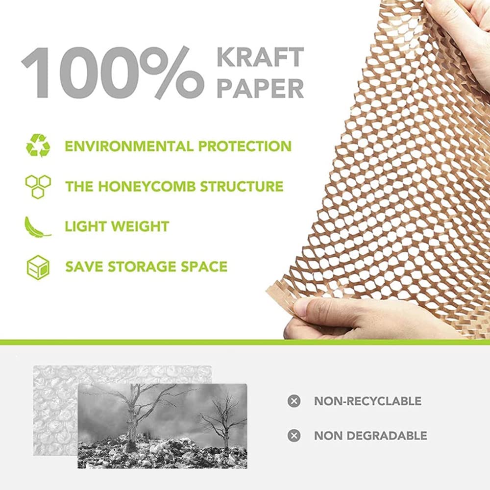 Honeycomb Kraft Packing Paper 11.8" W x 32.8' L,Eco Friendly Recycled Cushioning Wrapping Roll Alternative to Bubble Cushioning Wrap or Packing Peanuts (12 Inch x 32.8 Feet)