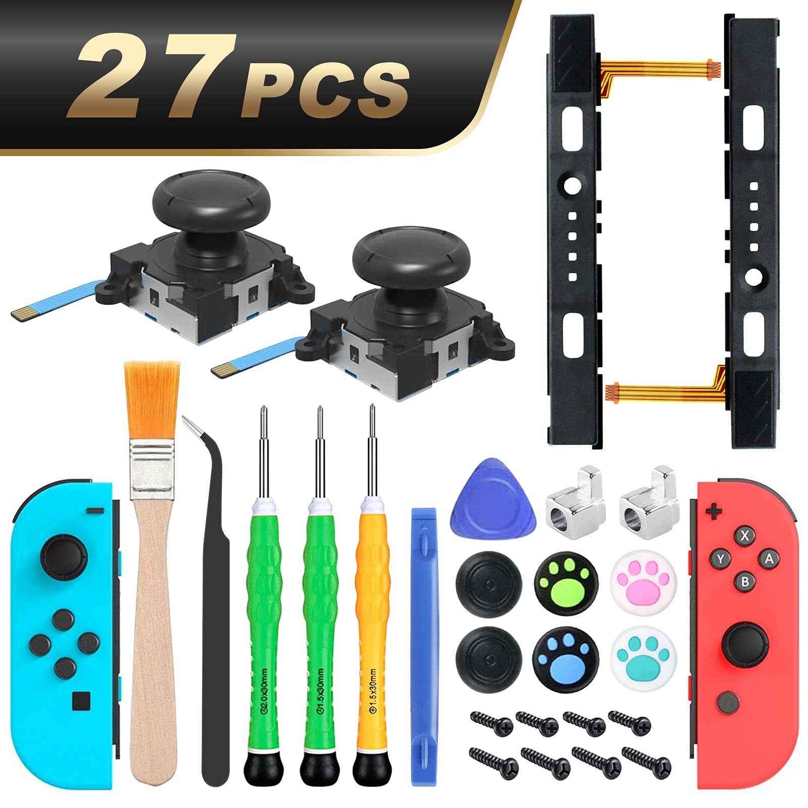 Joycon Joystick Replacement, 2 Pack, Switch Analog Stick Parts for Nintendo Switch Joy Con, Controller Repair Kit Include Thumb 3D Sticks, Left & Right Slider Set, Metal Buckles, and Repair Tool Kit