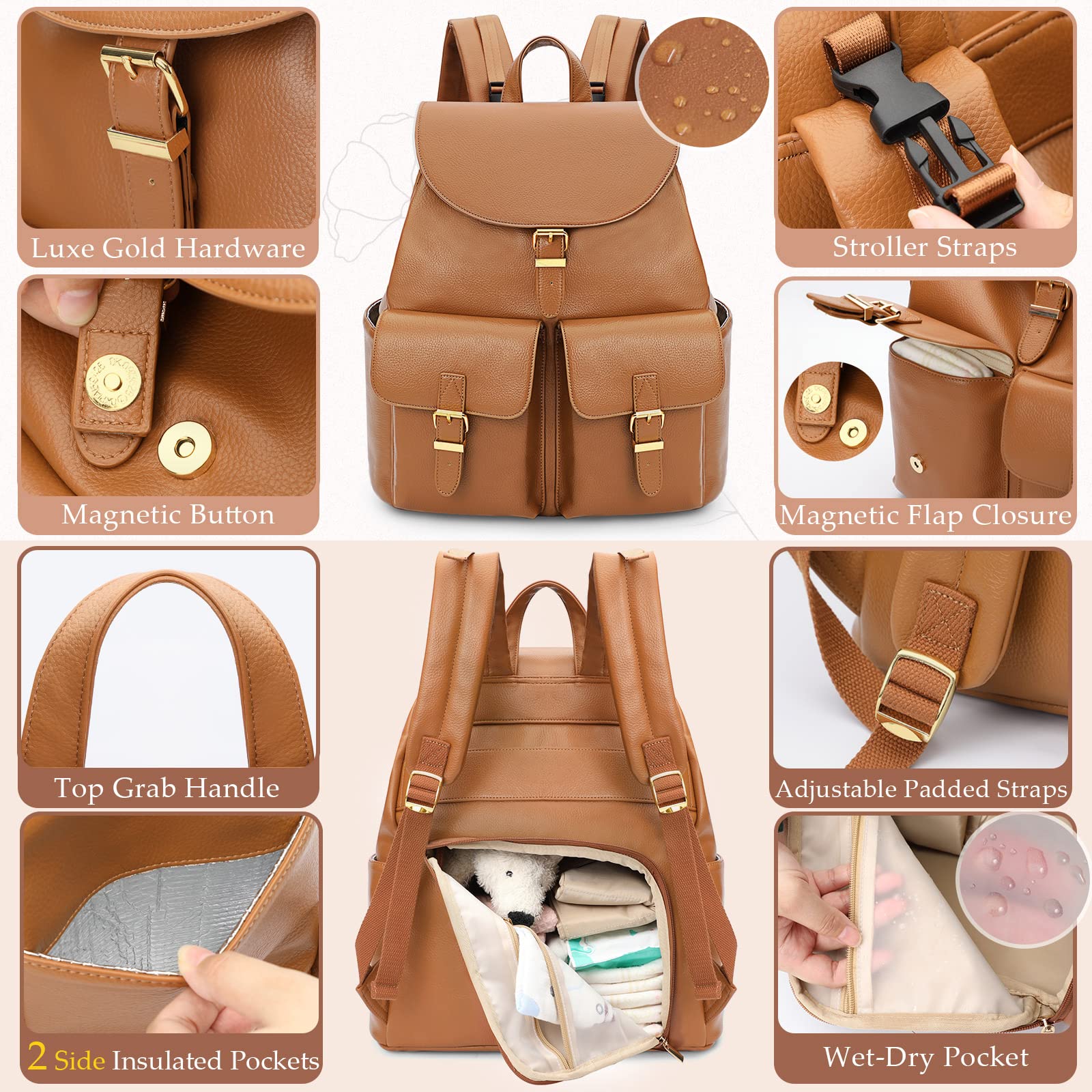 Omanmoli Diaper Bag Backpack Baby Diaper Bag, Leather Diaper Bag, Diaper Bag Organizer with 12 Organizing Pouches,Changing Pad,Shoulder Straps,Stroller Straps(Brown)