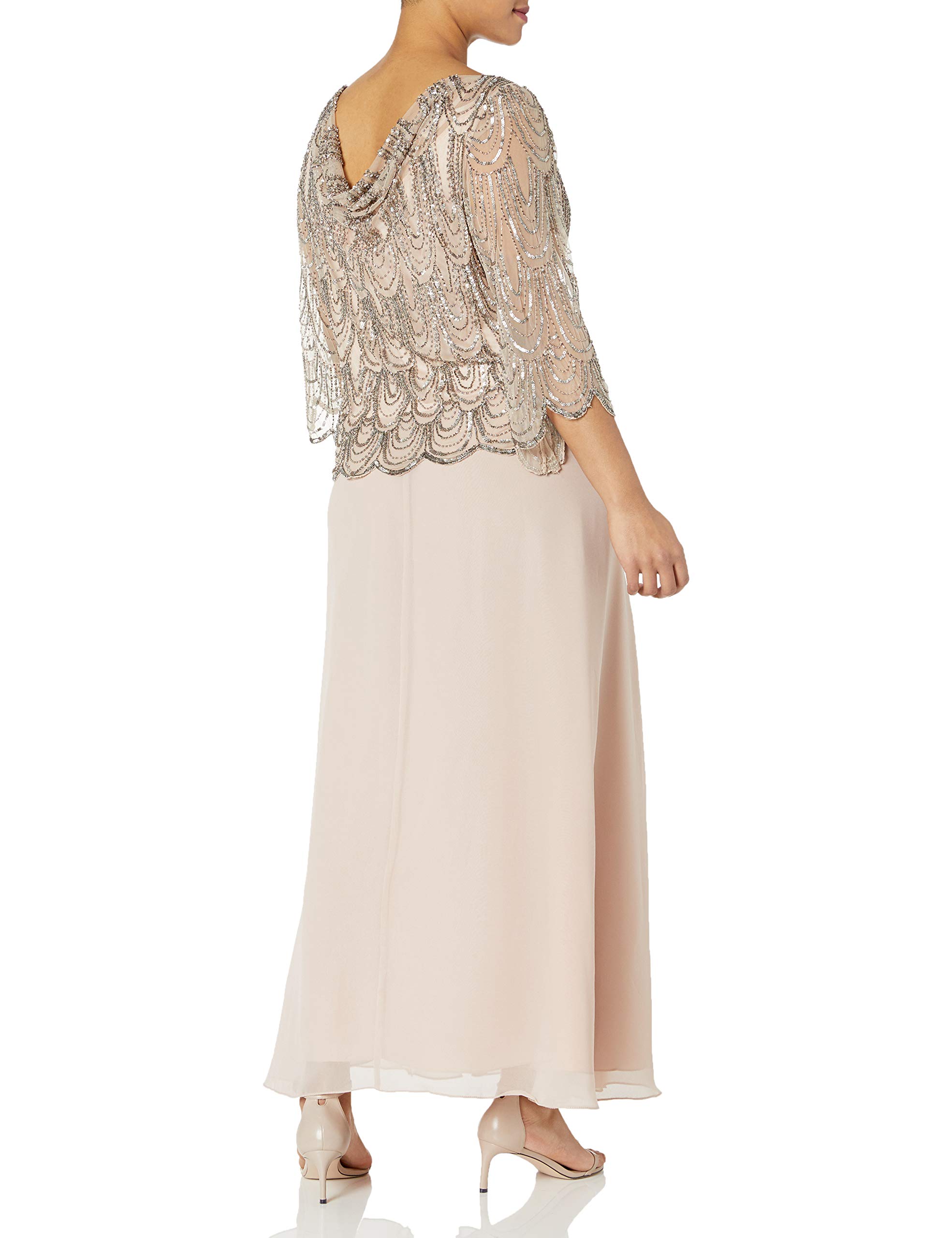 J Kara Women's Petite 3/4 Scallop Beaded Pop Over Gown, Blush/Mercury, 10P