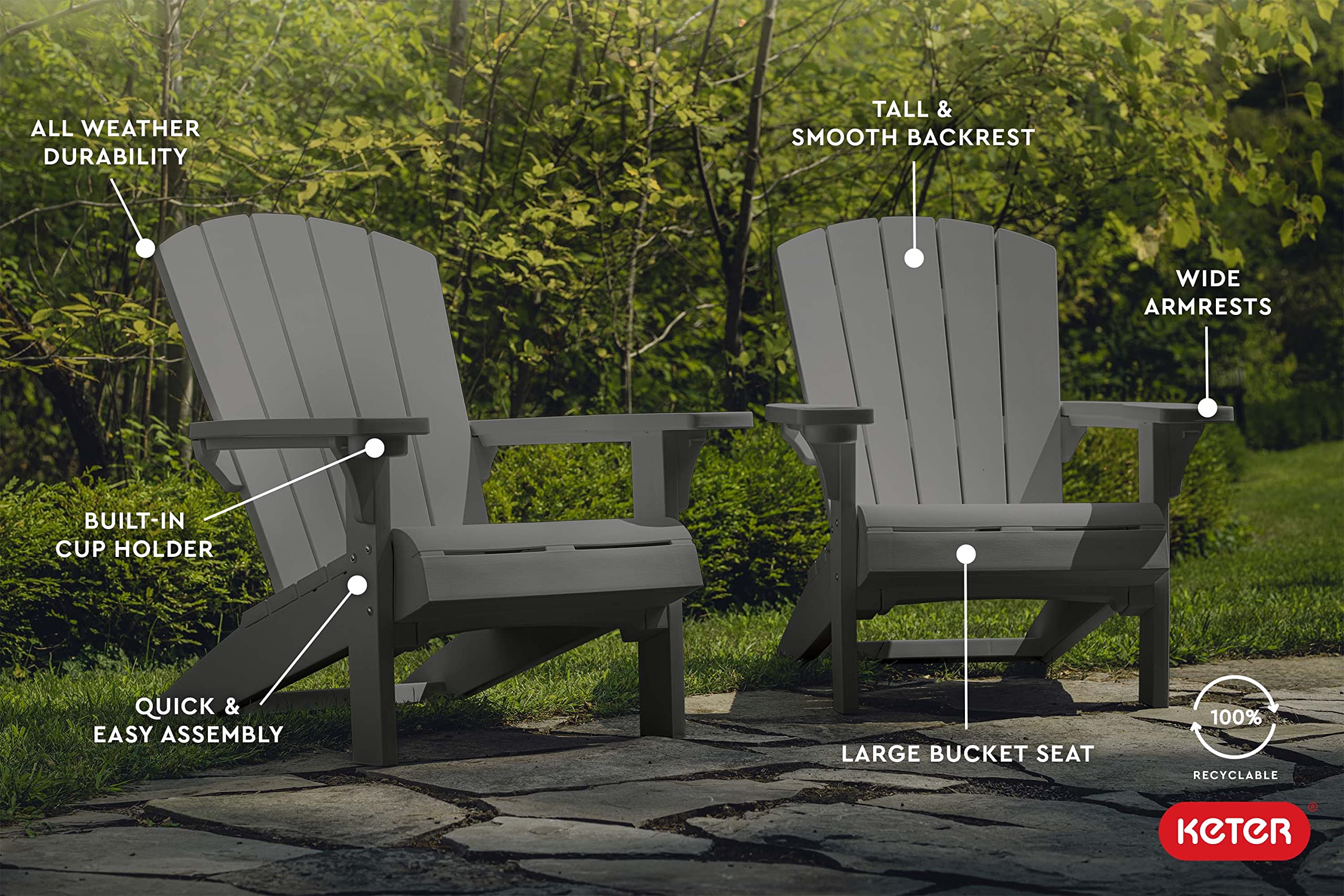 Keter Alpine Adirondack 2 Pack Resin Outdoor Furniture Patio Chairs with Cup Holder-Perfect for Beach, Pool, and Fire Pit Seating, Dark Grey