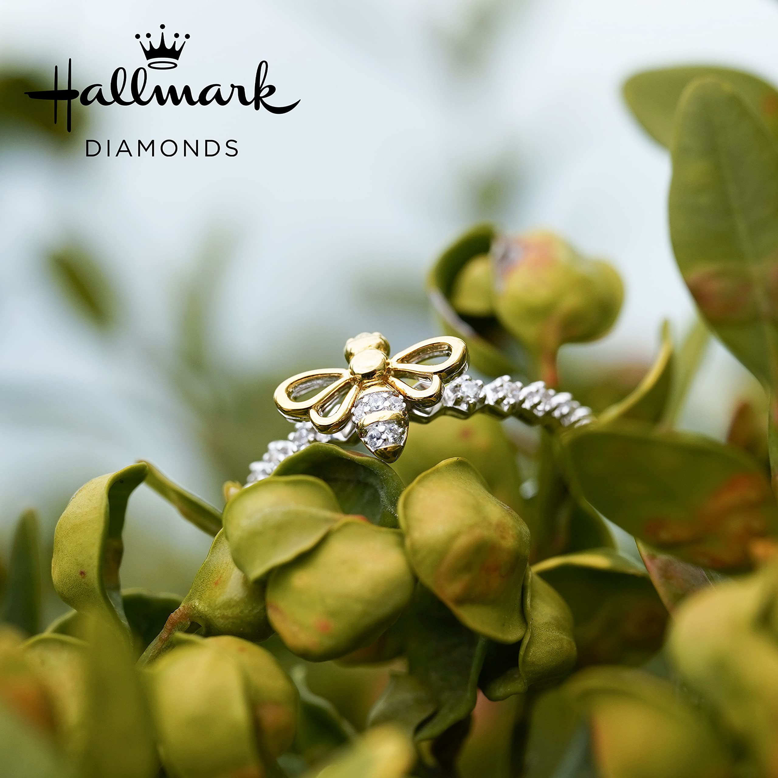 Jewelili Hallmark Fine Jewelry Sterling Silver and 14K Yellow Gold 1/6 Cttw Natural Round White Diamonds Honeybee Ring, Size 7