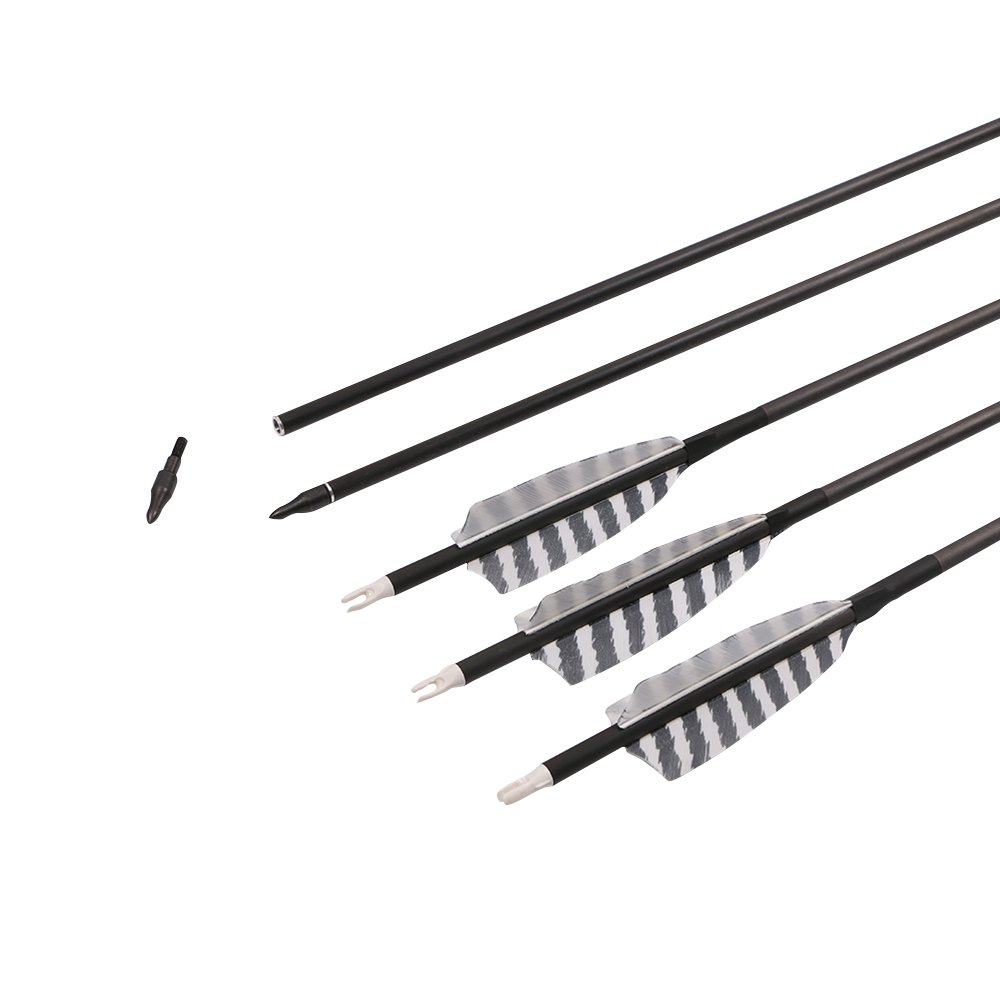 Huntingdoor 31 Inch Hunting Carbon Arrows, Replaceable Points Tips Arrows with 4 Inch Real Feather Fletching,400 Spine Targeting Arrows for Recurve Bow Longbow Practice White (Pack of 6)