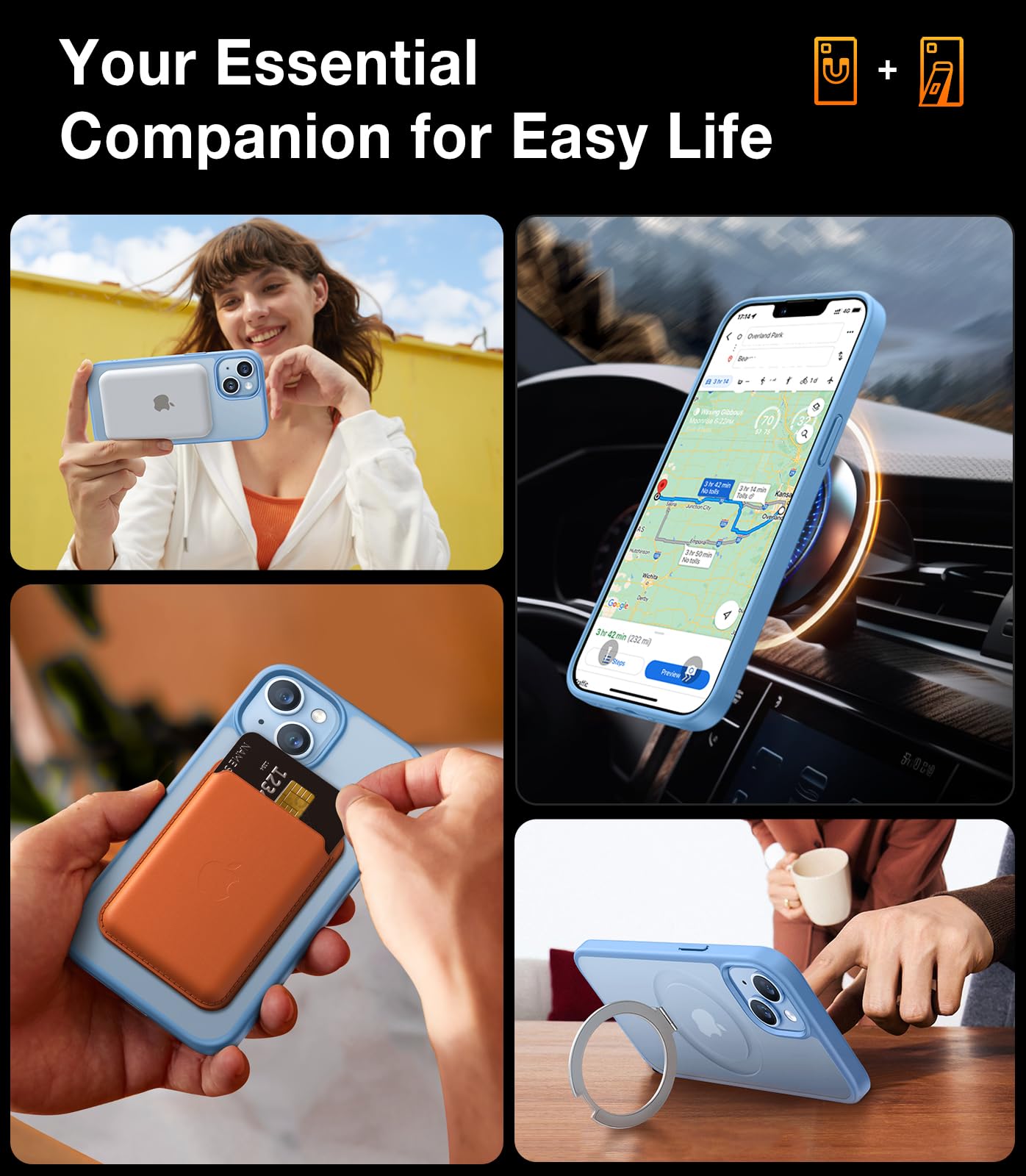 TORRAS Magnetic Shockproof for iPhone 13 Case/iPhone 14 Case, [Exceed 3X Mil-Grade Drop Protection][Compatible with MagSafe] Built-in Foldable Stand Slim Yet Protective Phone Cover, Translucent Blue
