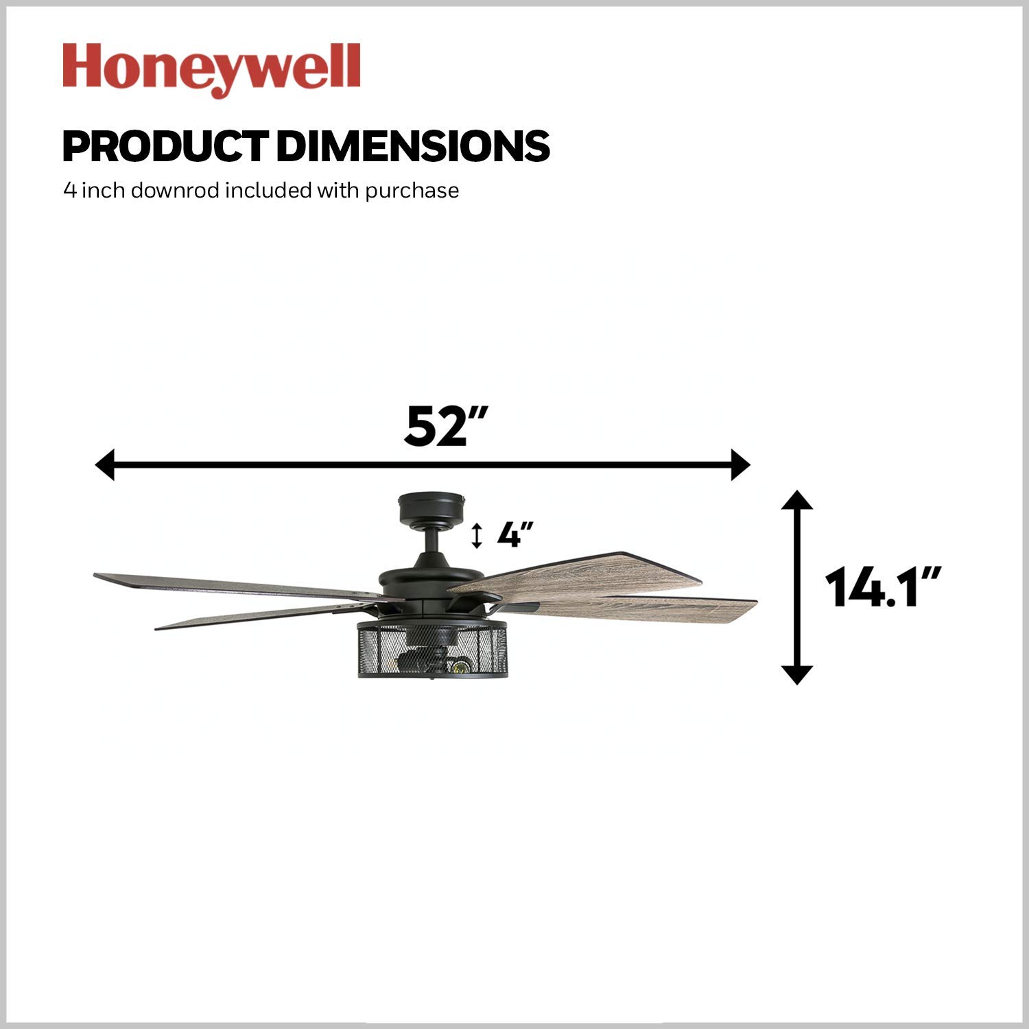 Honeywell Ceiling Fans Carnegie, 52 Inch Industrial Style Indoor LED Ceiling Fan with Light, Remote Control, Dual Mounting Options, 5 Dual Finish Blades, Reversible Airflow - 50614-01 (Matte Black)