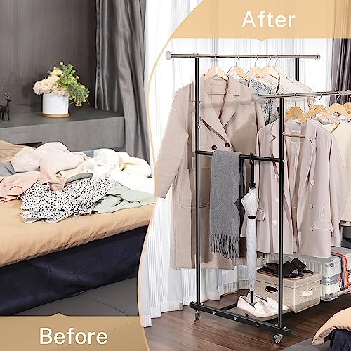VICERII Double Clothing Rack, Heavy Duty Clothes Rack with Wheels and Extra Wide Bottom Shelf, 52.36ββ Garment Racks for Hanging Clothes, Coats, Shirts, Skirts, Dresses, 130LB Capacity, Black