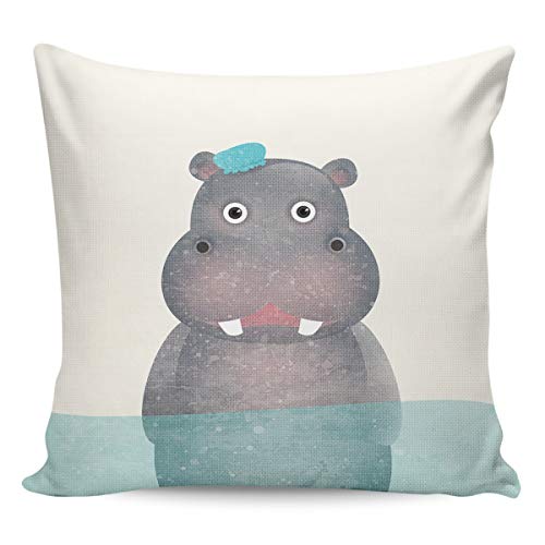 LAMANDA Throw Pillow Case, Cartoon Hippo Blue Stream Square Pillowcases Linen Cushion Covers, Grey Animal River Horse Pillow Shams for Sofa Couch Bed Car Home Decor 18x18In