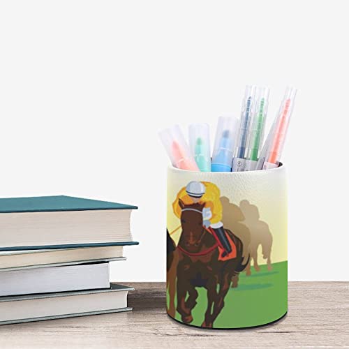 Horse Racing Cartoons Pen Holder PU Leather Pencil Cup Cute Desk Organizer Makeup Brush Box for Home Office