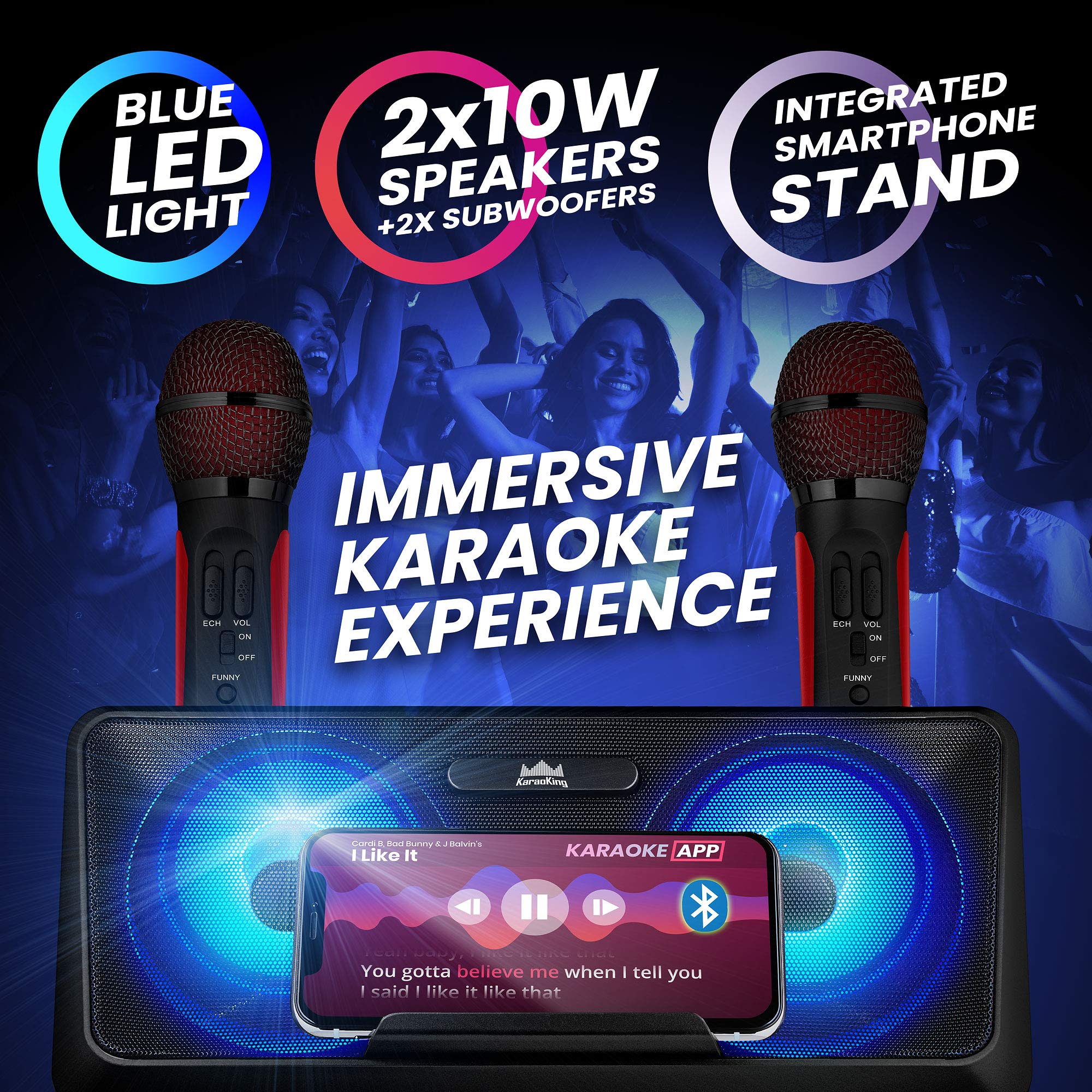 KaraoKing New 2020 Karaoke Machine – for Adults and Kids – 2 Wireless Karaoke Microphone, SD Card, USB, Bluetooth Compatible, LED Lights – Home, Bachelor Party, Picnic, Outdoor/Indoor [G301 Black]