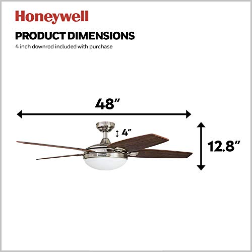 Honeywell Ceiling Fans Carmel, 48 Inch Contemporary Indoor LED Ceiling Fan with Light, Remote Control, Dual Mounting Options, Dual Finish Blades, Reversible Motor - 50196-01 (Brushed Nickel)