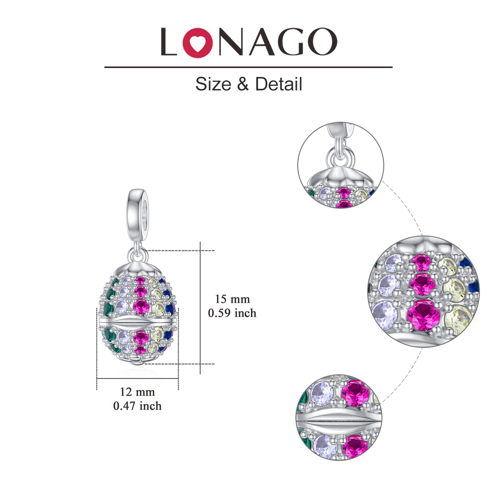 LONAGO Easter Egg Charm for Bracelet, 925 Sterling Silver Egg Bead Charm with Pearl Embellished Twelve Synthetic Birthstones Gift for Women Girls