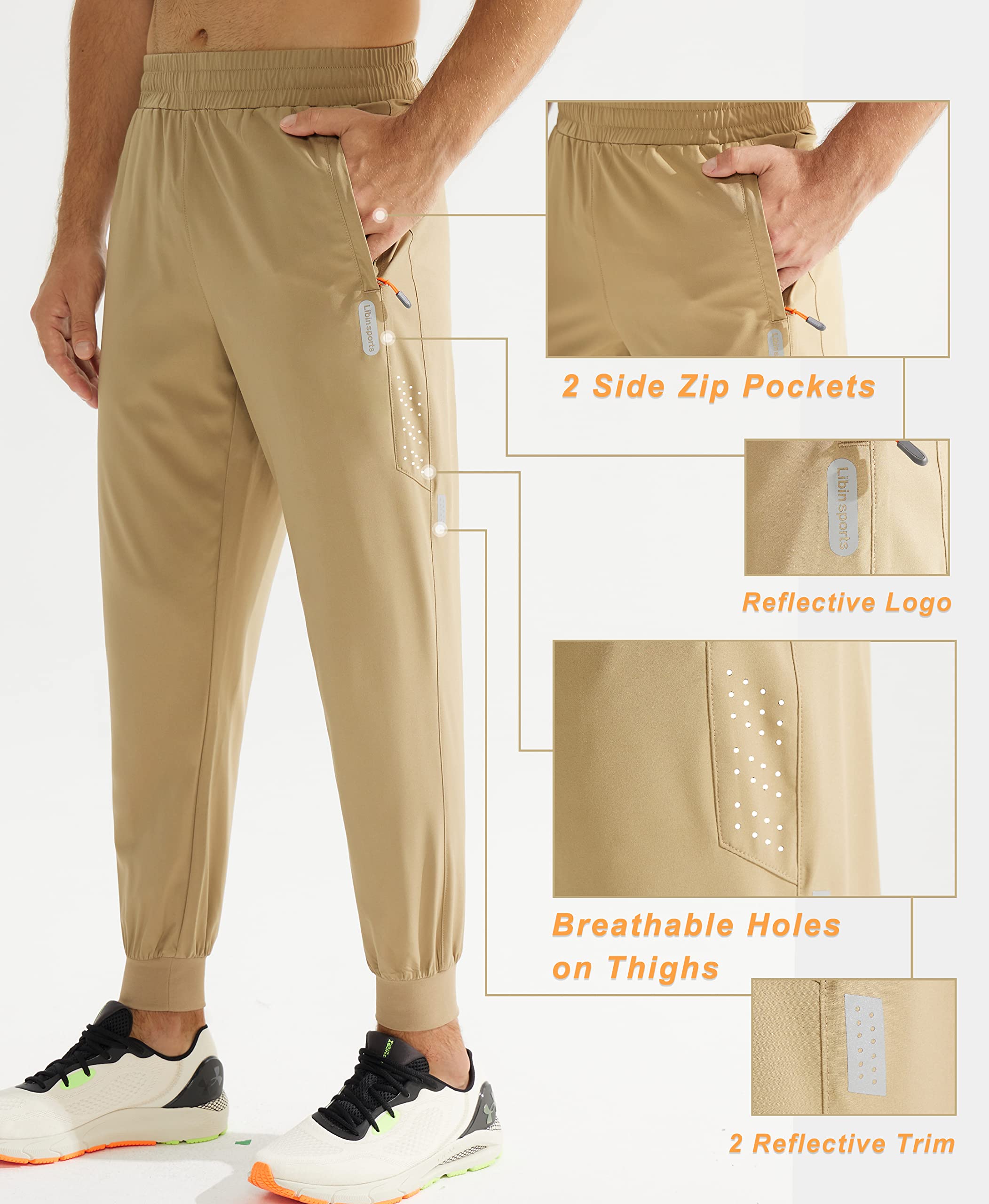 Libin Men's Lightweight Joggers Quick Dry Athletic Track Pants Joggers for Men Gym Workout Running Training Hiking Travel, Khaki L