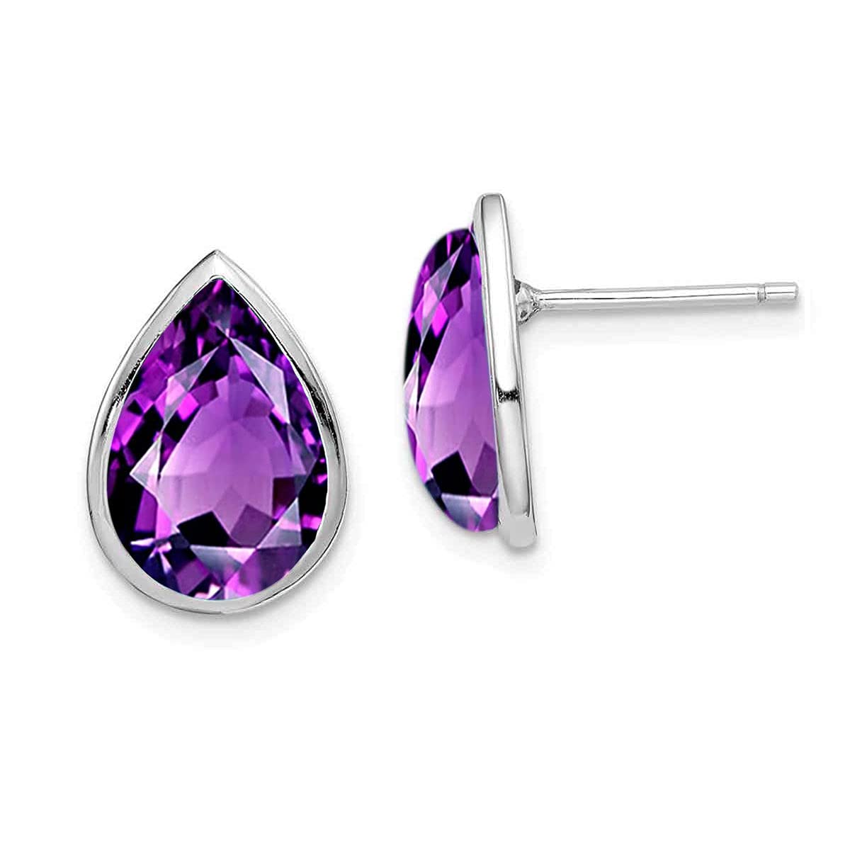 JewelryGift 925 Sterling Silver Natural Amethyst Purple Teardrop Pear Shaped Bezel Set Stud Earrings For Women friction-back Jewelry