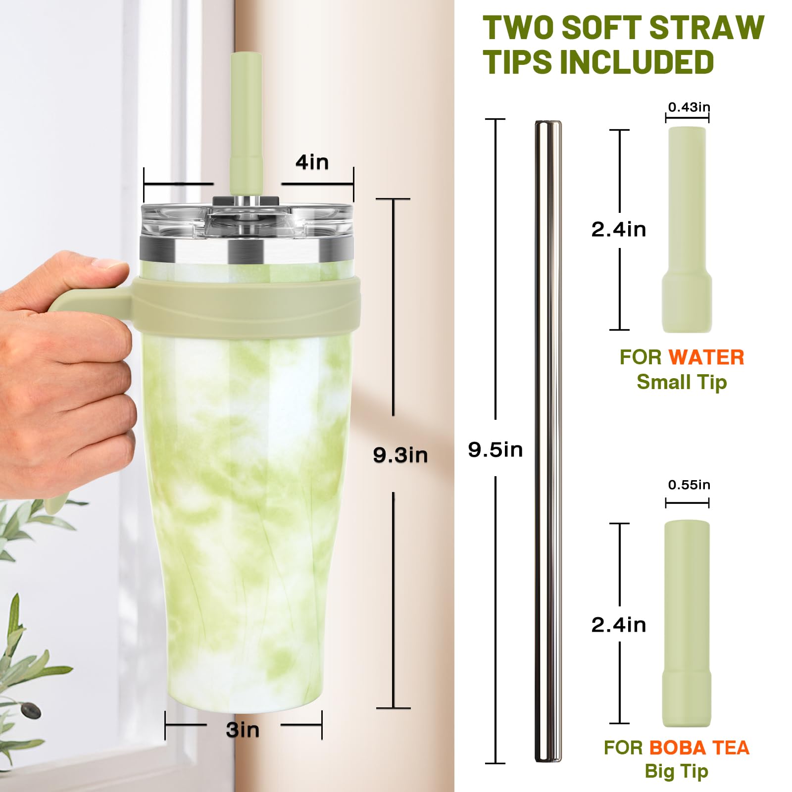 Zukro 40 oz Tumbler With Handle and Straw, Leak Proof Vacuum Insulated Stainless Steel Cup with 2-in-1 Screw on Lid, Fit in Cup Holder, No Sweat, Keeps Drinks Cold 24 Hours