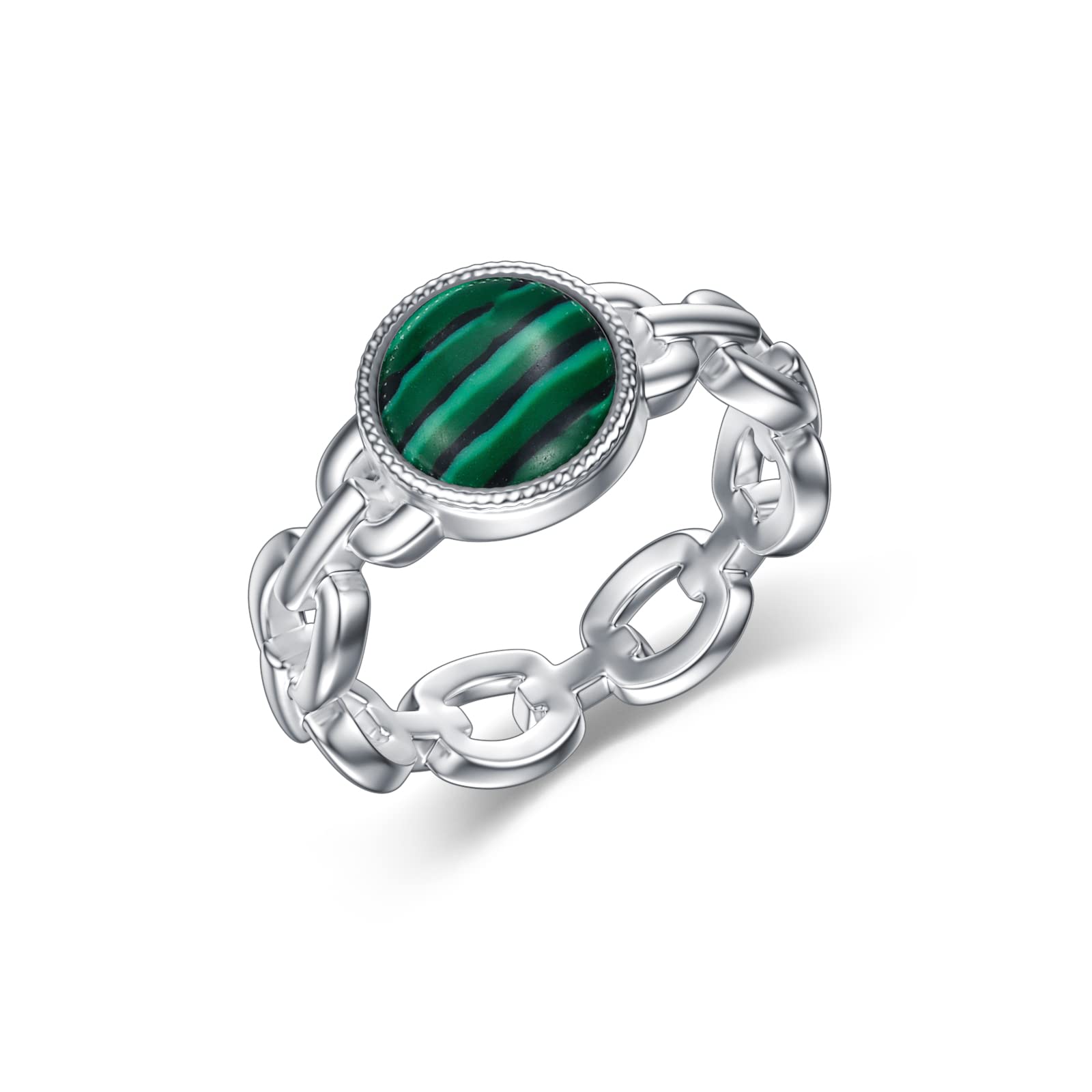 LONAGO Hollow Ring 925 Sterling Silver Round Shaped Created Malachite Rings Jewelry for Women (Size 8)