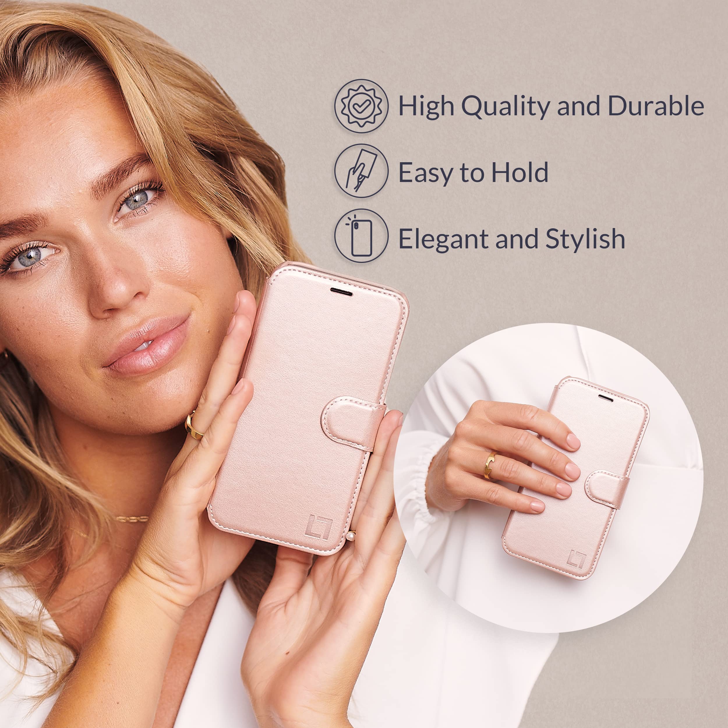 LUPA Legacy iPhone 13 Pro Wallet Case - Case with Card Holder - [Slim + Durable] for Women and Men - iPhone 13 Pro Flip Cell Phone case - Faux Leather - Folio Cover - Rose Gold