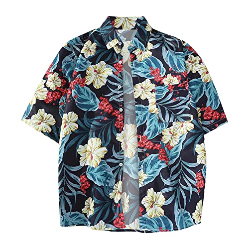 Men's Hawaiian Floral Shirts Cotton Button Down Tropical Holiday Beach Shirts with Pocket Dark Blue