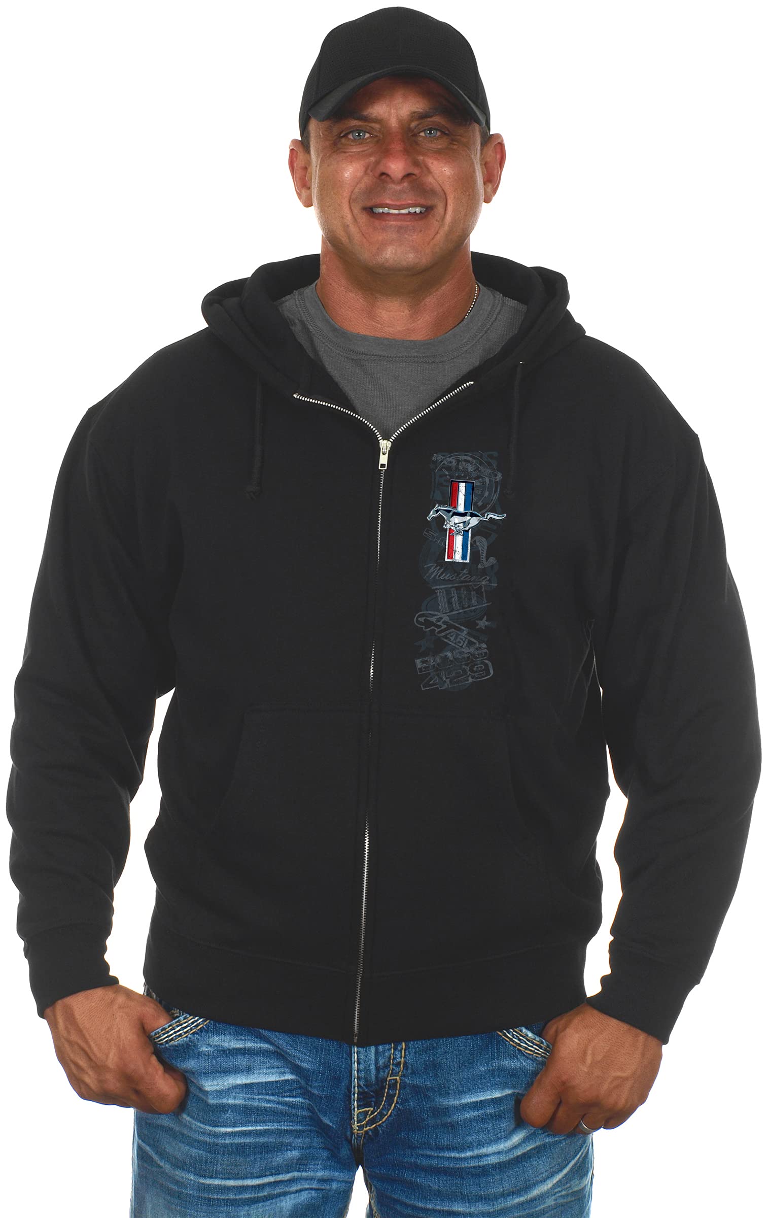 JH DESIGN GROUP Mens Ford Mustang Tri-Bar Pony Distressed Collage Zip-Up Hoodie (Black, Large, l)