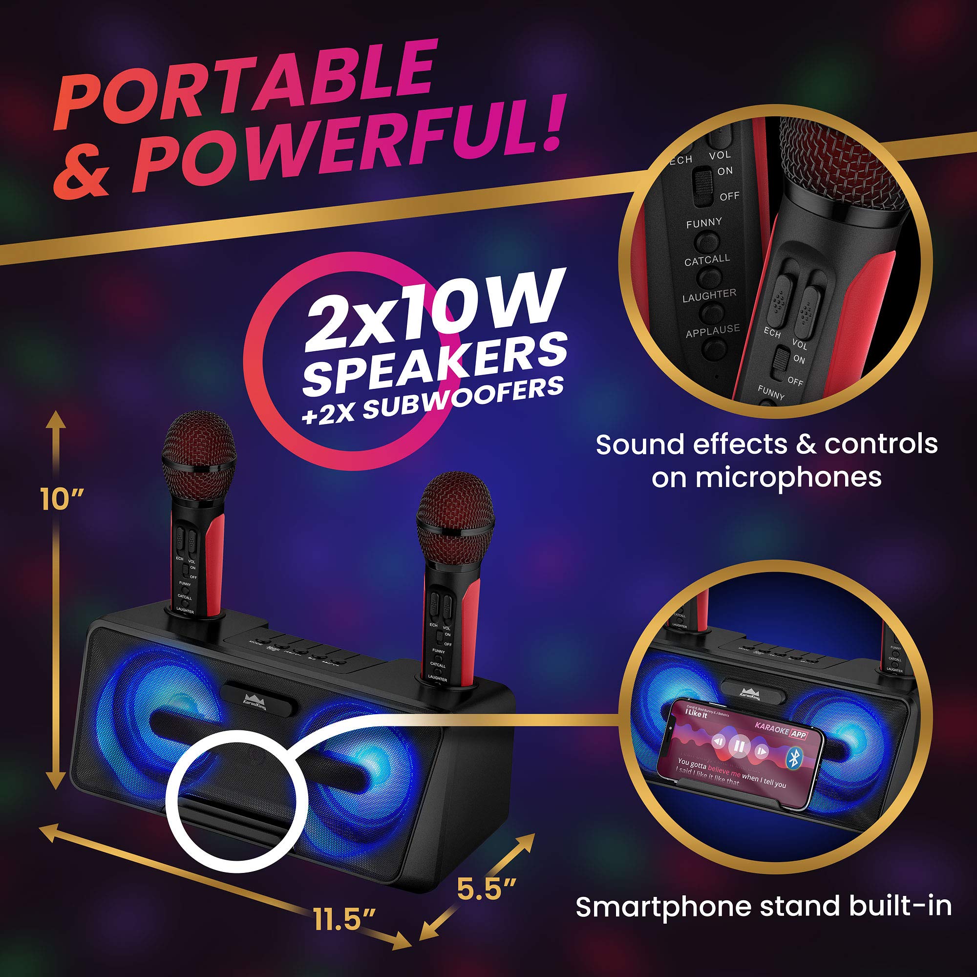 KaraoKing New 2020 Karaoke Machine – for Adults and Kids – 2 Wireless Karaoke Microphone, SD Card, USB, Bluetooth Compatible, LED Lights – Home, Bachelor Party, Picnic, Outdoor/Indoor [G301 Black]
