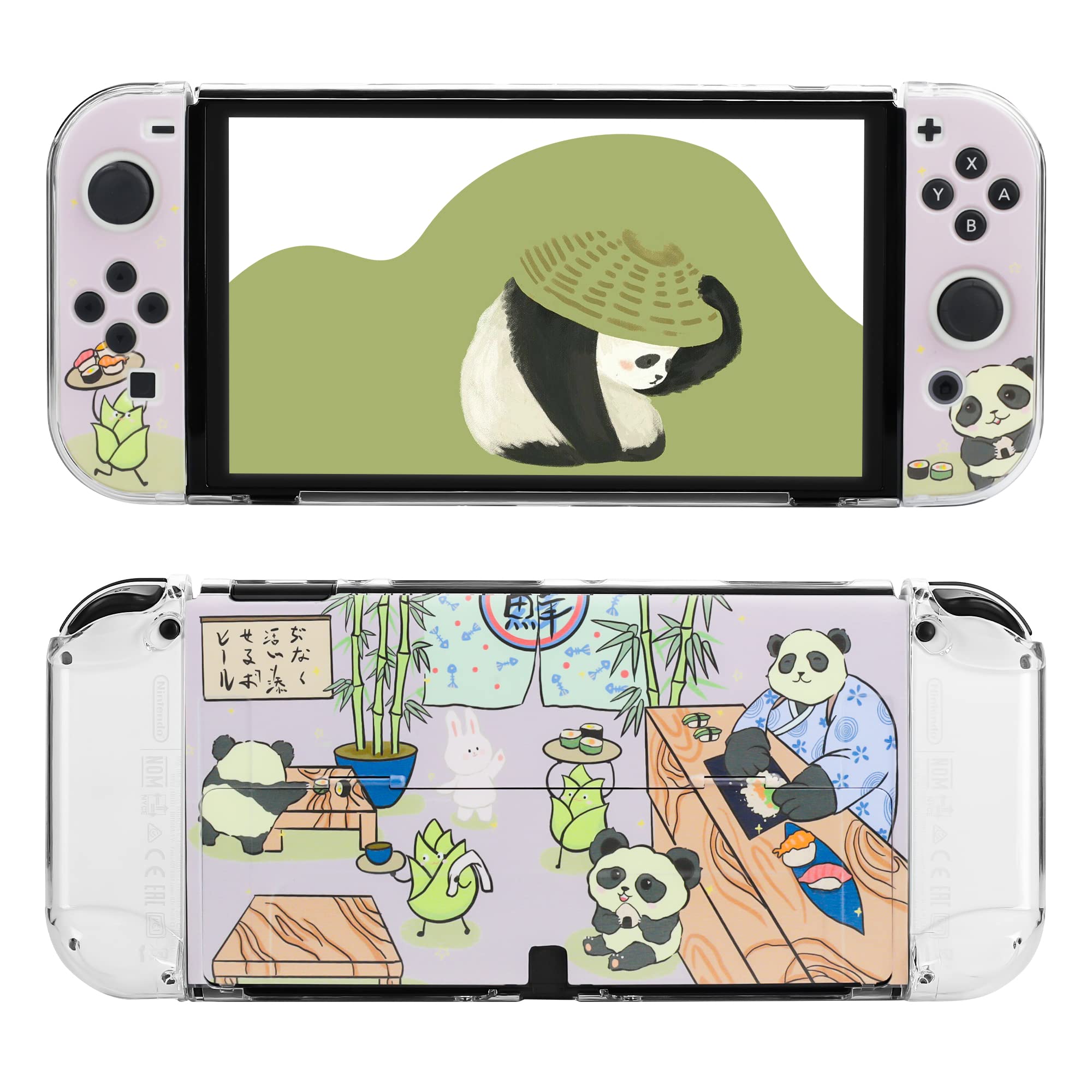 LASTYAL Cute Panda Protective Shell Compatible with Nintendo Switch OLED Console and Joycon Controller, Crystal Hard Case for Switch OLED with Comfort Joycon Cover - Panda & Bamboo