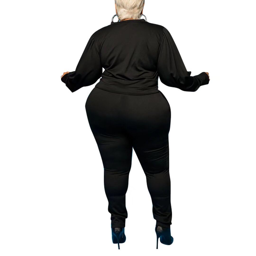 IyMoo Women Plus Size Solid 2 Piece Outfits Crew Neck Top and High Waist Pants Sport Jumpsuits Sweatsuit Set Black 3X