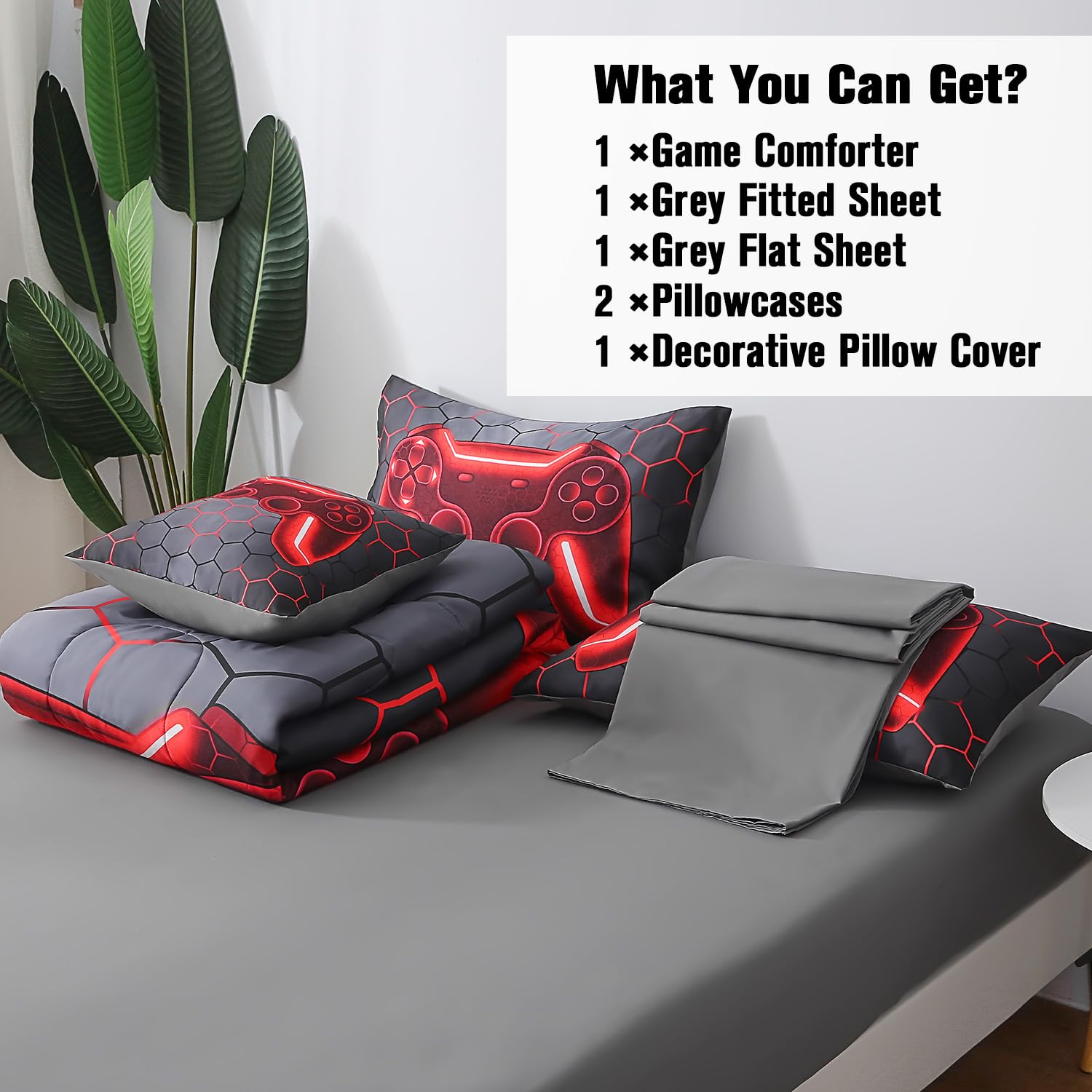 JQinHome Full Gamer Comforter Set for Boys Girls Kids,6 Piece Bed in A Bag 3D Video Game Bedding -All Season Soft Microfiber Down Alternative Comforter Gamer Bedding Sets with Sheets (Red)
