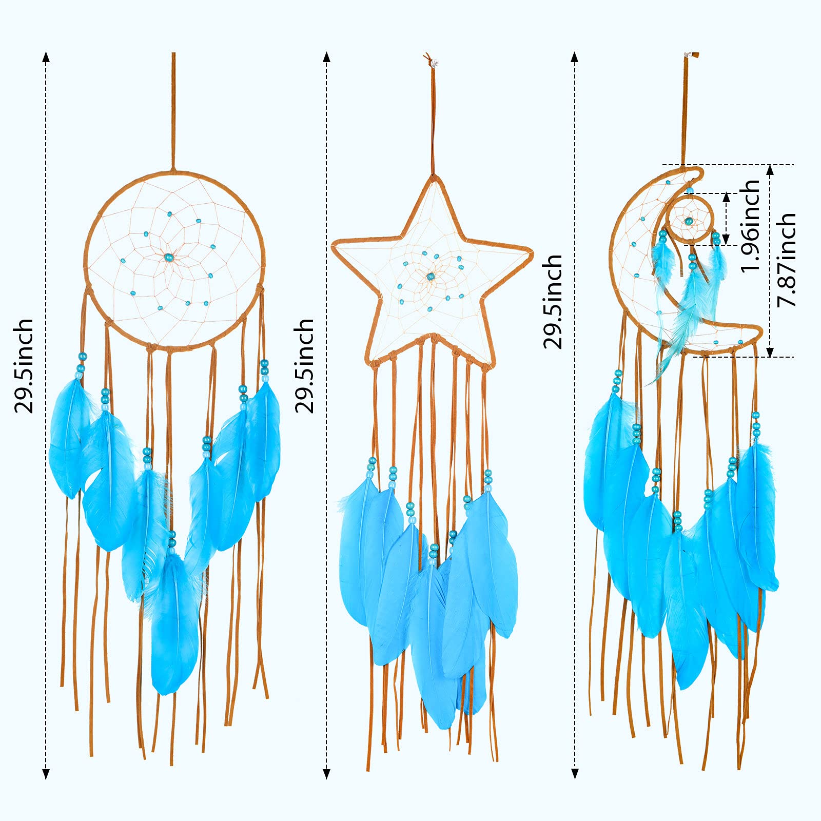 Jetec 3 Pieces Macrame Dream Catcher Moon Sun Star Design Woven Wall Hanging Decor Handmade Traditional Design with 3 LED Light for Wall Hanging Home Decoration (Blue)