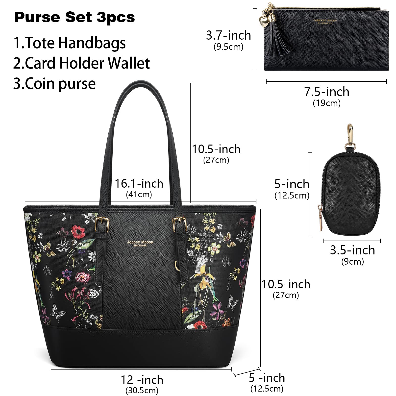 Jocose Moose Handbags for Women Wallet Tote Bag Shoulder Bag Top Handle Satchel Purse Set 3pcs (Black Print)