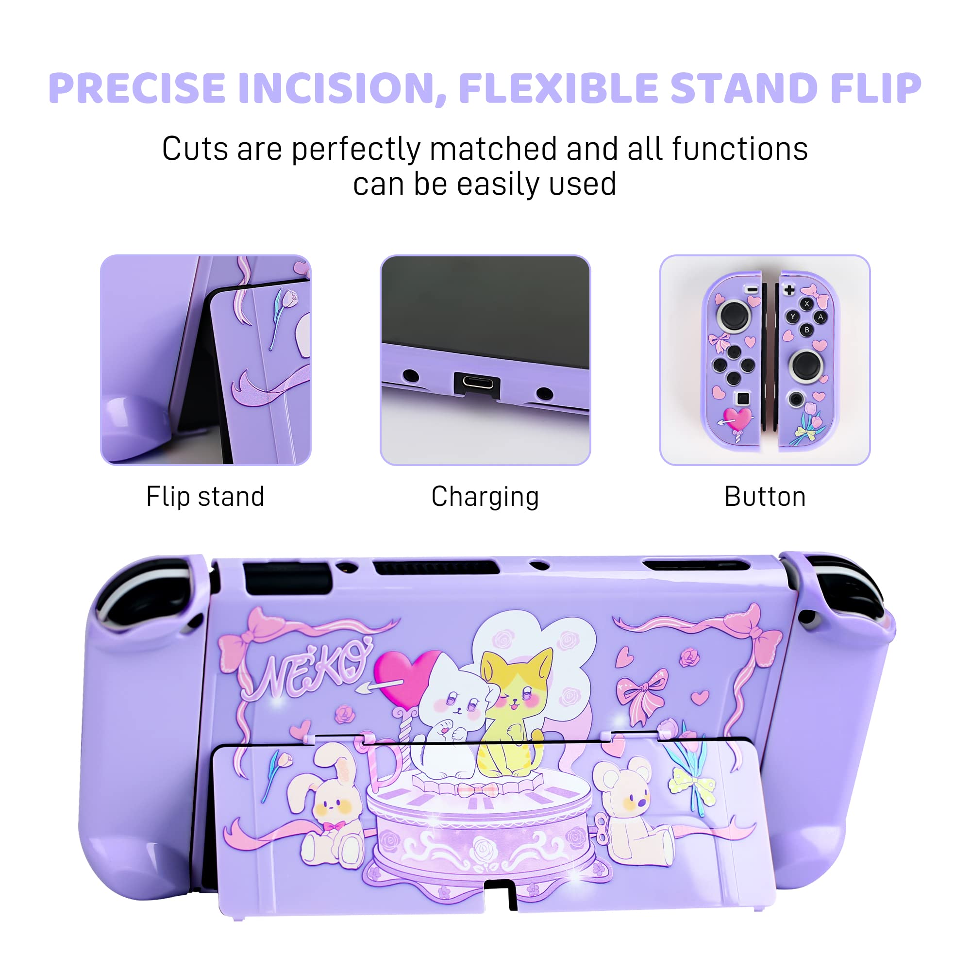 LASTYAL Kawaii Neko Cat Protective Shell Compatible with Nintendo Switch OLED, Hard PC Purple Cover Case for Switch OLED and Joycon Controller with Anti-Scratch Design - Neko