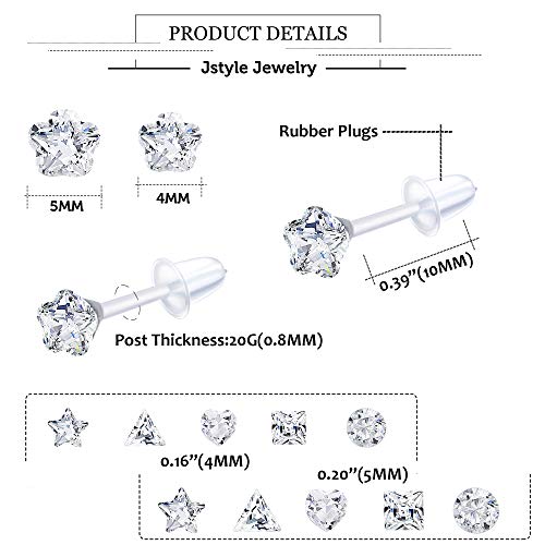 Jstyle 12Pairs Clear Plastic Stud Earrings for Women Acrylic Post Star Heart Rhinestone Ear Studs Piercing Retainers