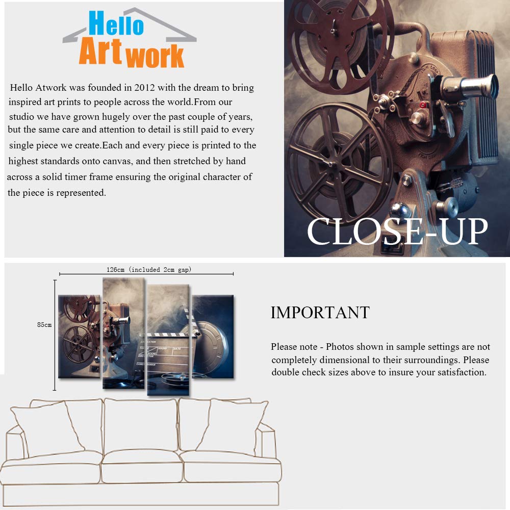 iHAPPYWALL 4 Panel Old Film Canvas Wall Art Filmmaking Concept Scene Dramatic Lighting Still Life Picture Stretched and Framed For Living Room Bedroom Home Decor Ready To Hang