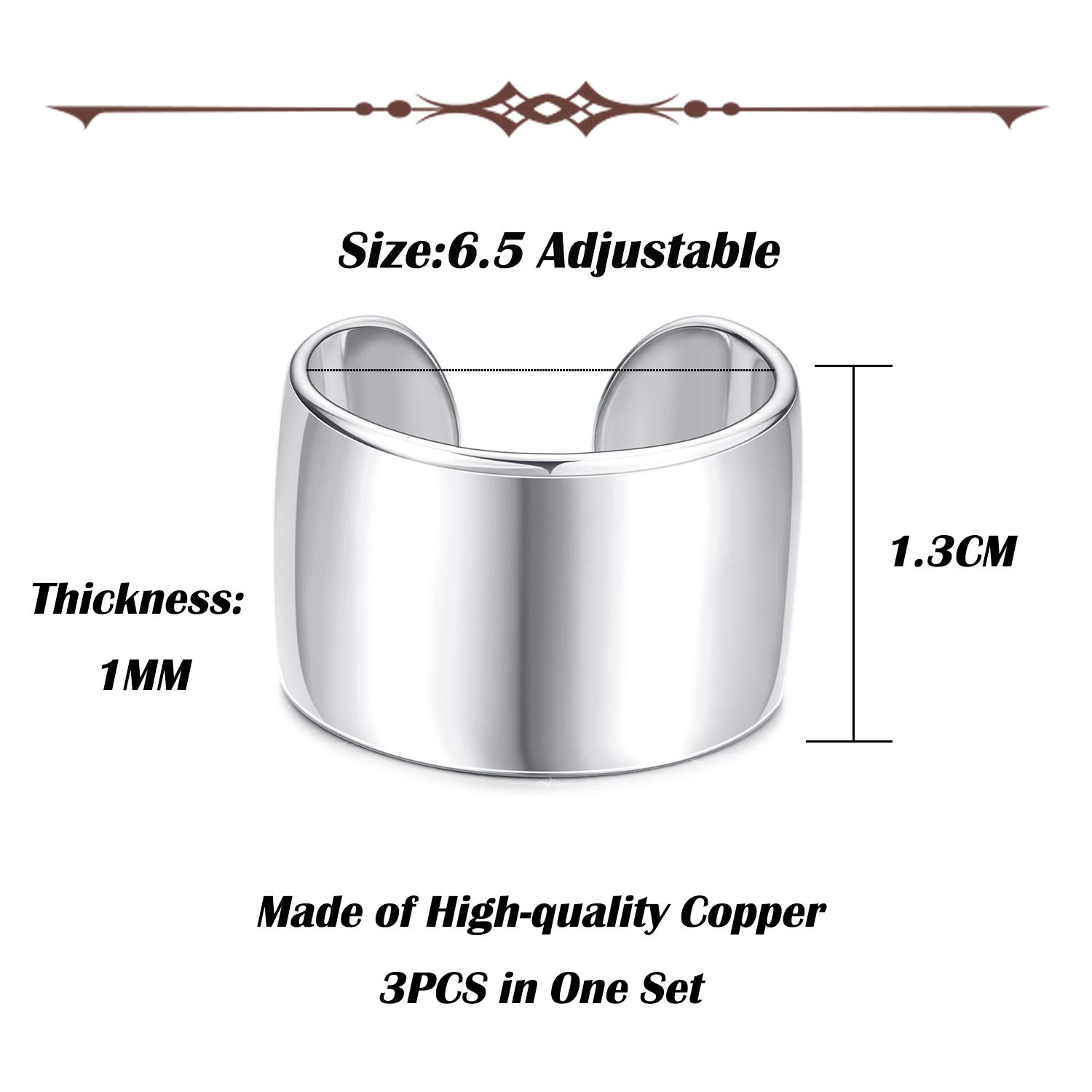 JOERICA 3PCS Adjustable Band Rings for Women Men Open Cuff Knuckle Rings Flat Plain Wide Band Ring Set