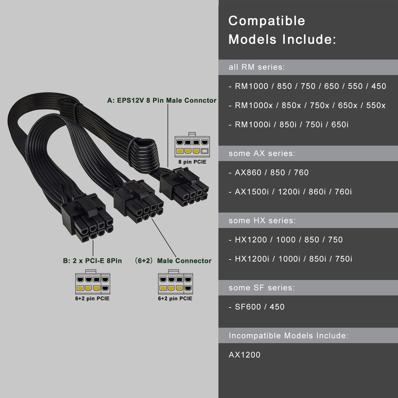 JZYMOD EPS/ATX 8 Pin to Dual PCIE 8 Pin (6+2) Power Cable only for Corsair Modular Power Supplies(25 + 9 inches)