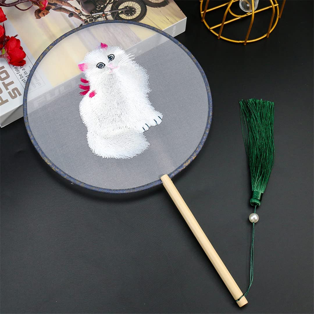 Lmtossey Chinese Fan Double-Sided Embroidery Peacock Kitten Animal Pattern Round Fan Ancient Costume Hanfu Cheongsam Decorative Crafts