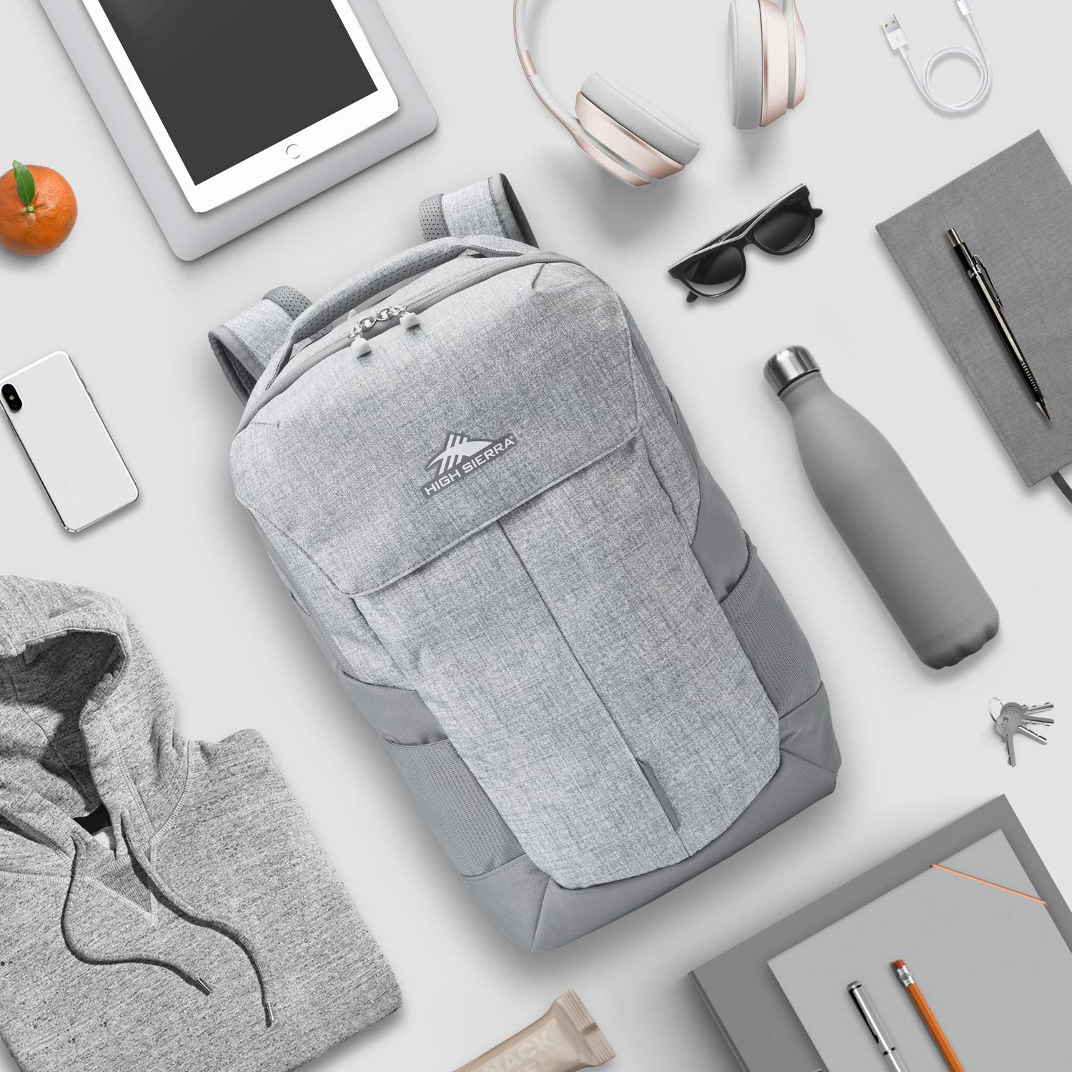 High Sierra Access Pro Backpack with 17-Inch Quilted Laptop Sleeve, Large Organization Pocket and Reflective Straps, Silver Heather
