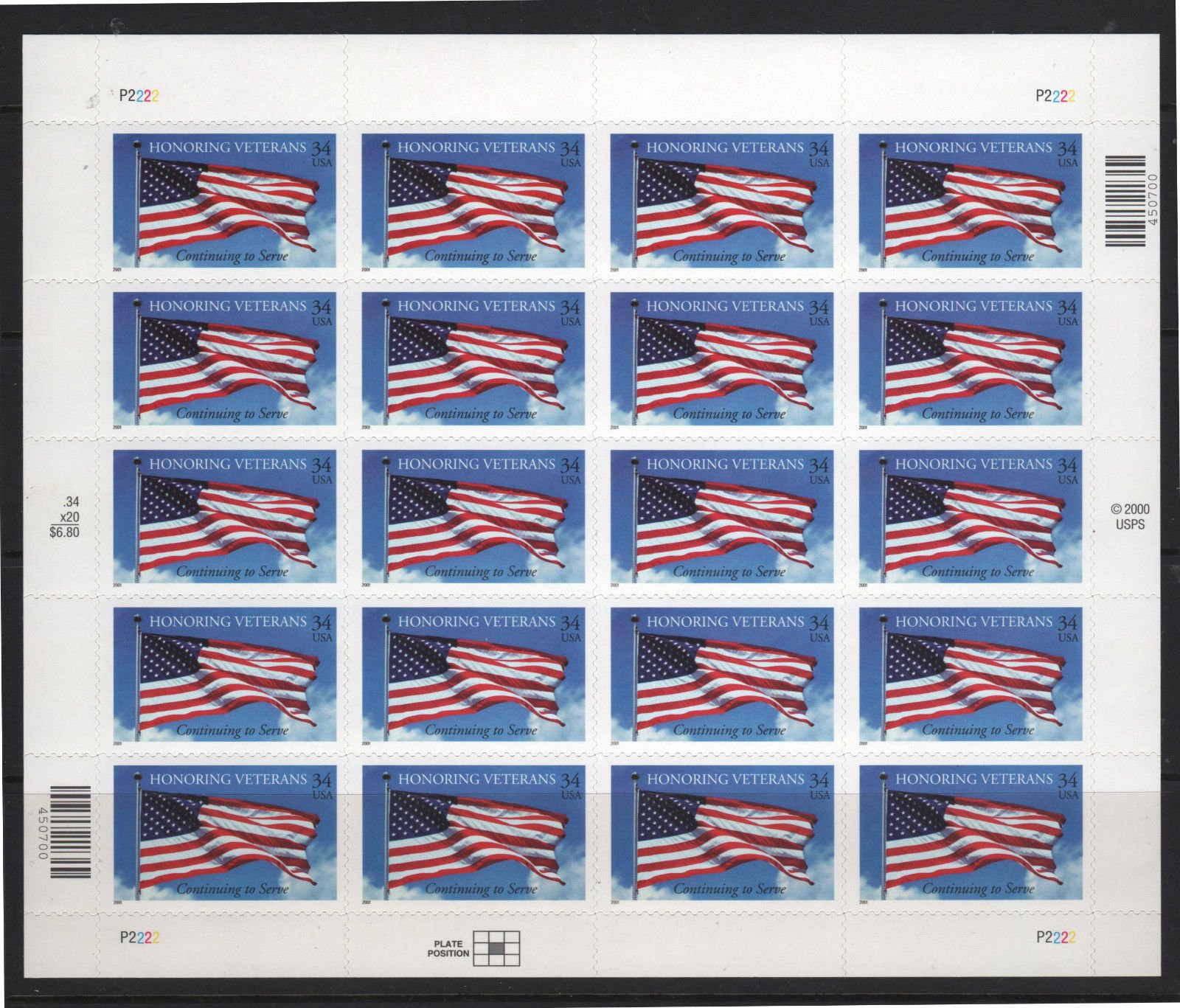 Honoring Veterans Scott 3508 Complete Sheet of 20 34 Cent Stamps