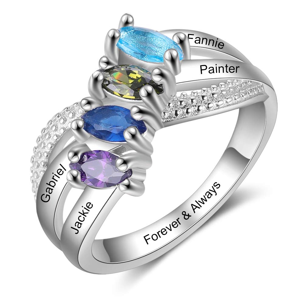 LoraPetid Personalized 4 Birthstone Mother Rings For Women Heart Engagement Name Rings Initial Rings with Simulated Birthstones Customized Best Friend Rings for Women (style 2, 7)