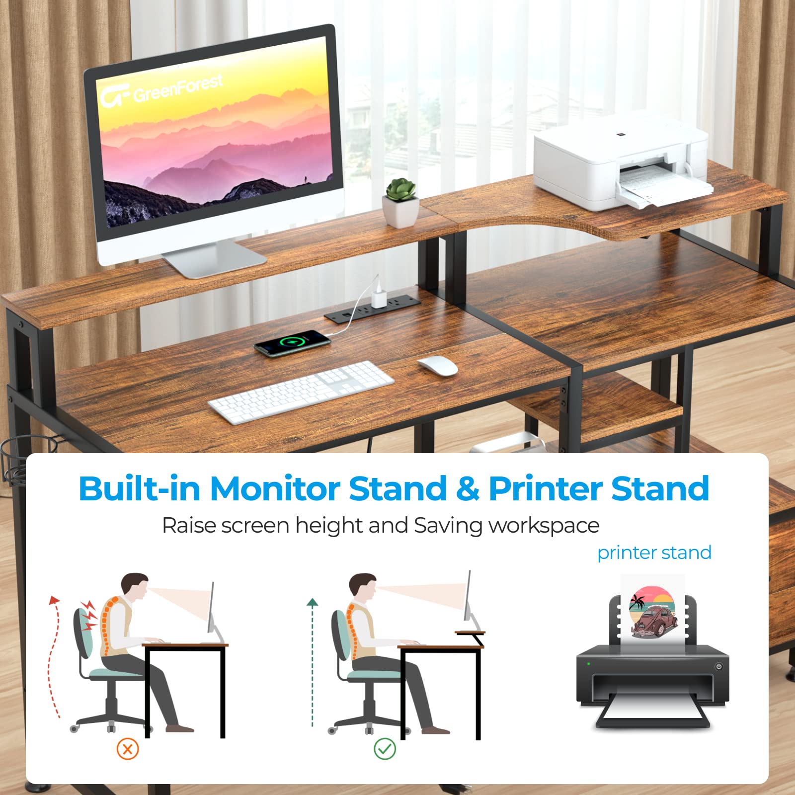 GreenForest 55 inch Computer Desk with Drawers and Outlets, Home Office Desk with Storage and Printer Shelf, Work Desk with Fabric File Drawer, Study Desk with Monitor Stand, Computer Table, Walnut