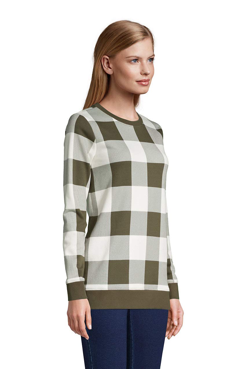 Lands' End Womens Long Sleeve Sweatshirt Tunic Forest Moss Buffalo Check Regular Medium