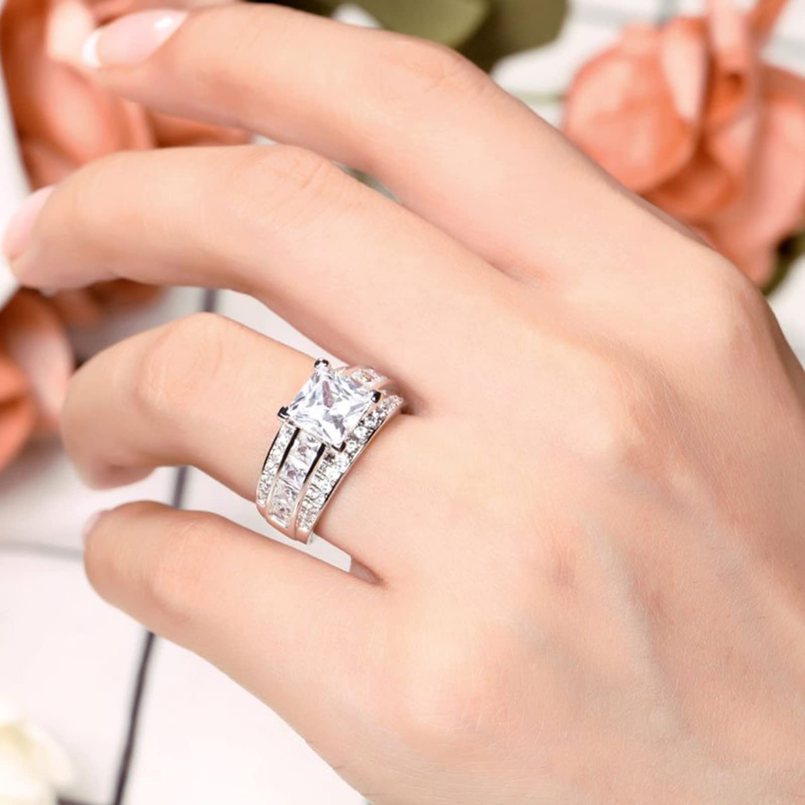 Jeulia Classic Princess Cut Sterling Silver Ring Cubic Zirconia Wedding Diamond Band Rings Engagement Bridal Anniversary Rings for her (Silver, 9.5)