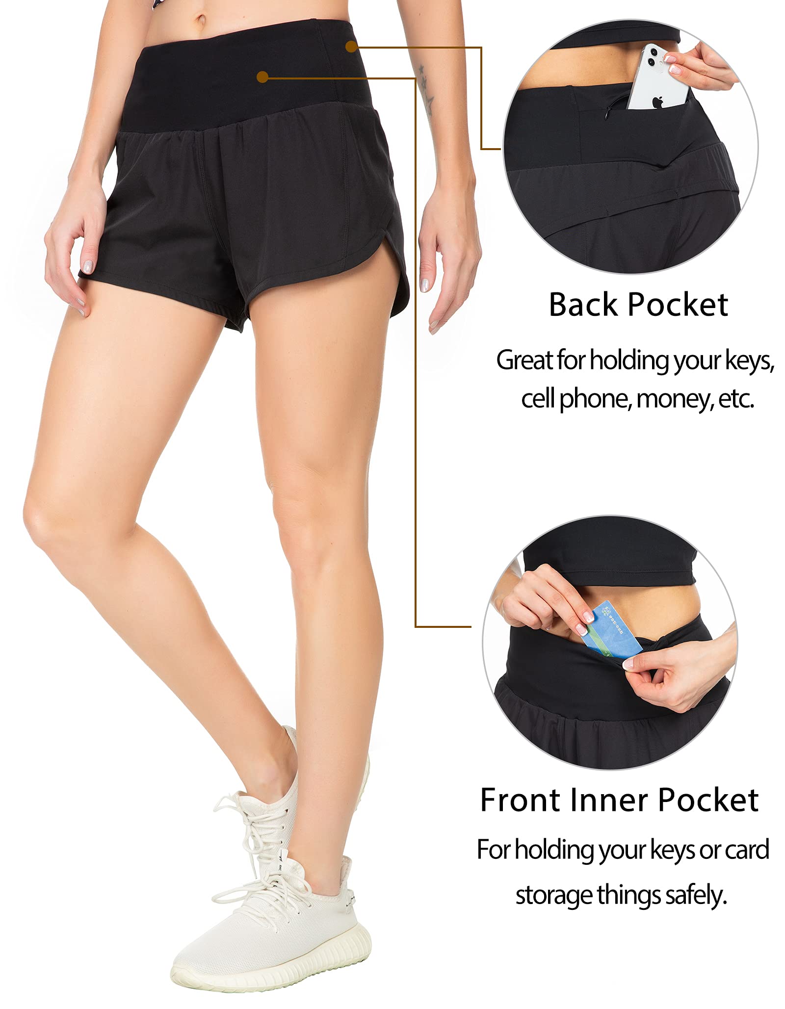 Kcutteyg Running Shorts for Women with Liner High Waisted Lightweight Womens Workout Shorts with Back Pocket- 4" (Black, L)