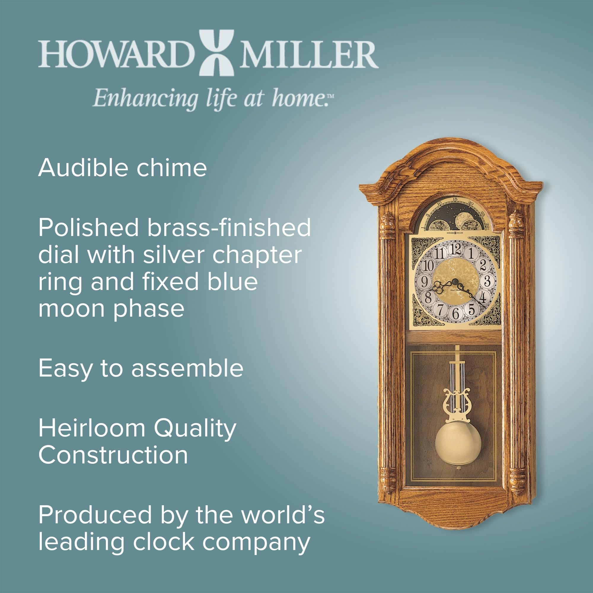 Howard Miller Fenton Wall Clock 620-156 – Golden Oak, Brass Pendulum Home Decor with Quartz Dual-Chime Movement