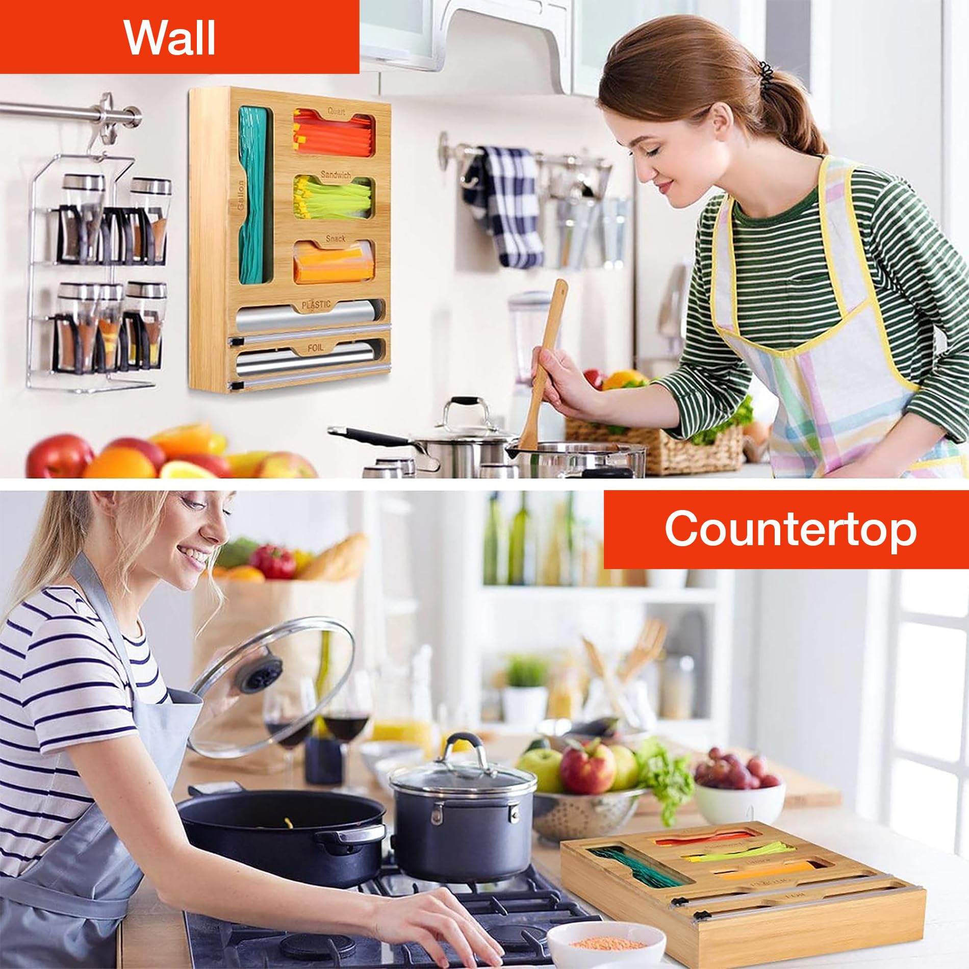 Kitchen Bag Storage Organizer 6 in1 Bamboo Foil and Plastic Wrap Dispenser with Cutter for Kitchen Drawer Suitable for Gallon Quart Sandwich Snack Bag