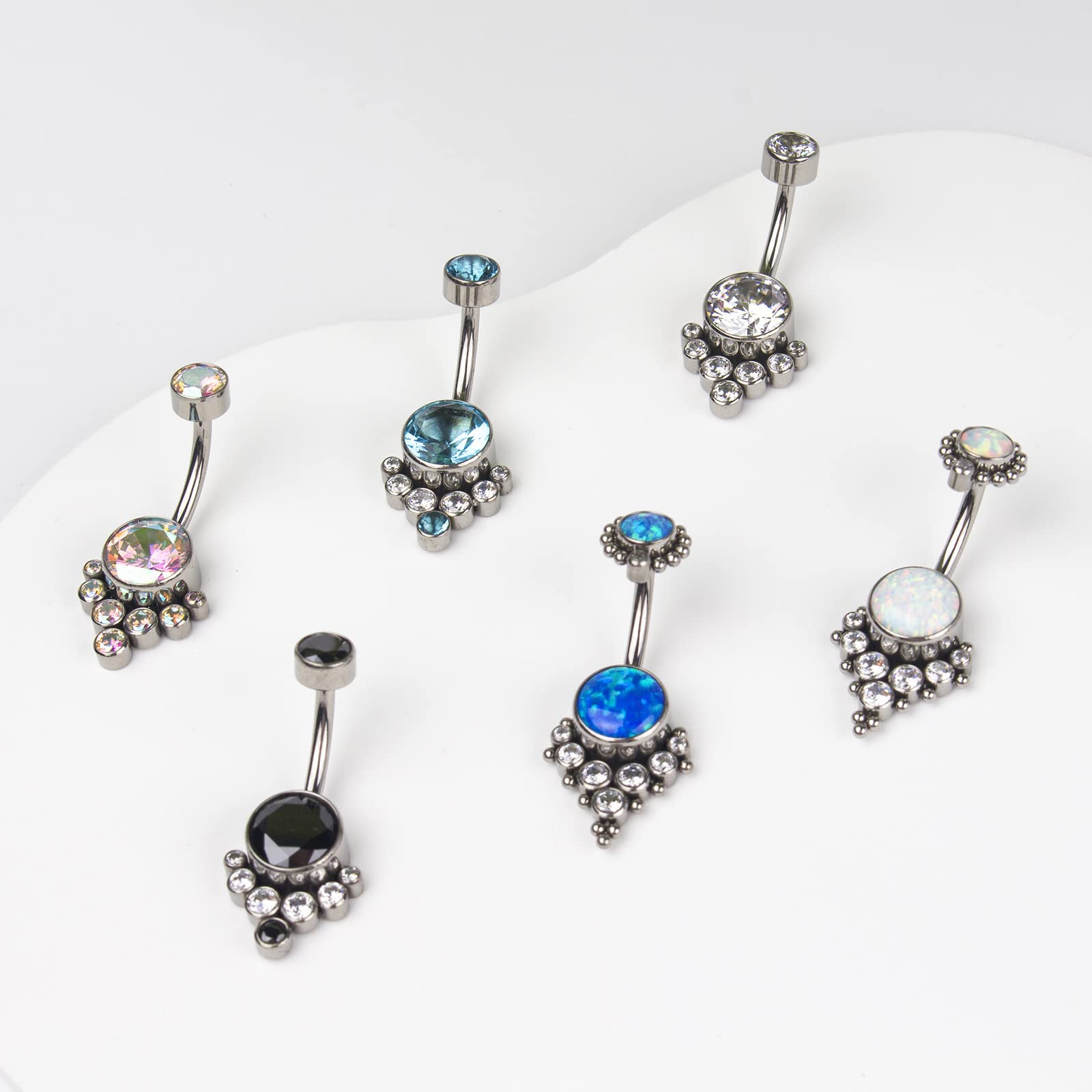 Moridux 14g G23 Real Solid Titanium Bezel Cluster Belly Button Rings With Opal CZ 10mm Internally Threaded Navel Piercing Jewelry Barbell Stud Navel Rings For Women(White Opal+Clear CZ)