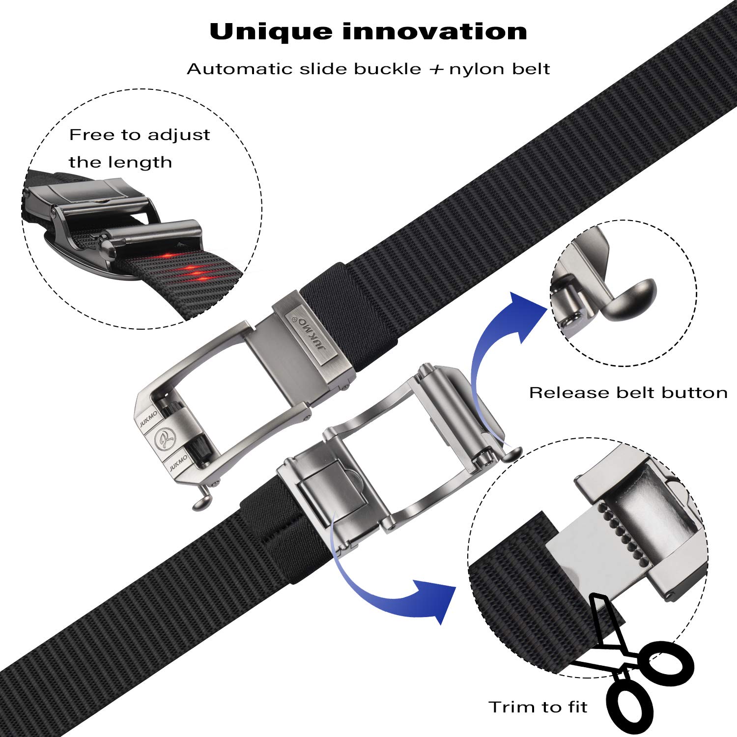 JUKMO Ratchet Belt for Men, Nylon Web Tactical Belt with Automatic Slide Buckle, Adjustable Trim to Fit (Black, For Waist 20"-40" (Length 47"))